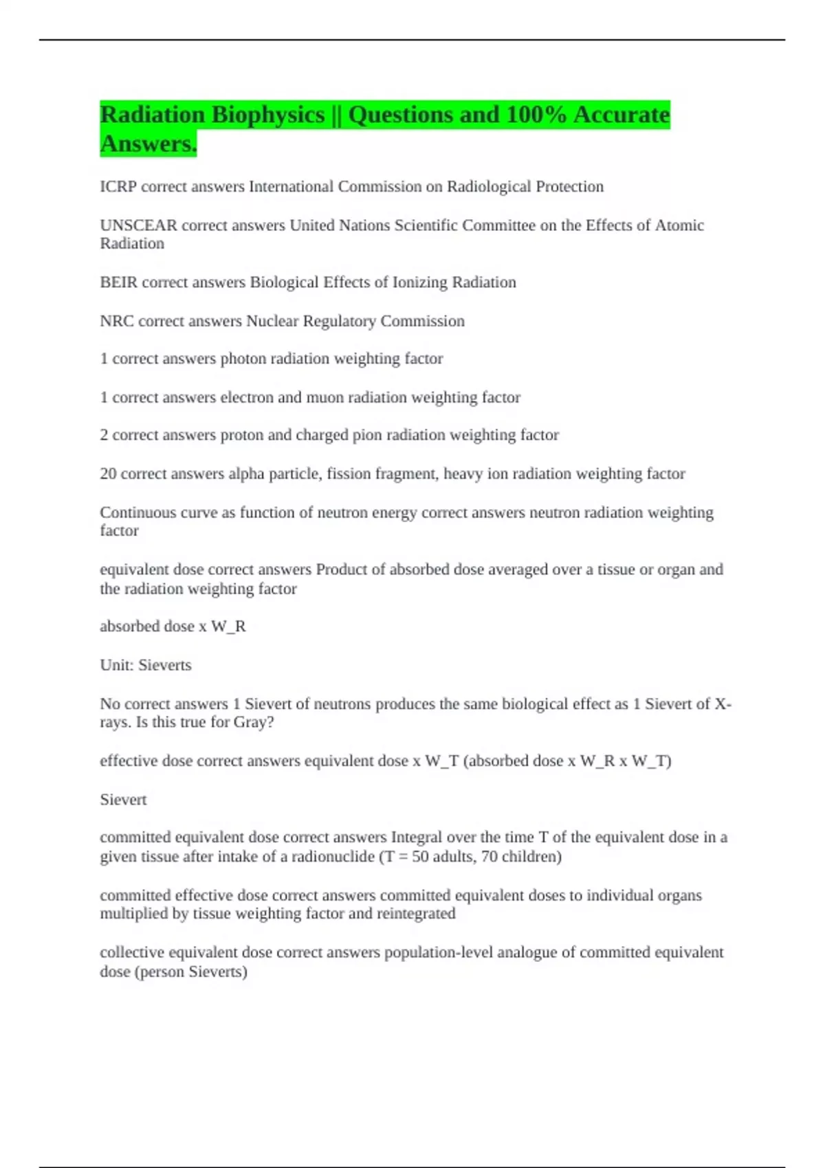 Radiation Biophysics || Questions and 100% Accurate Answers ...