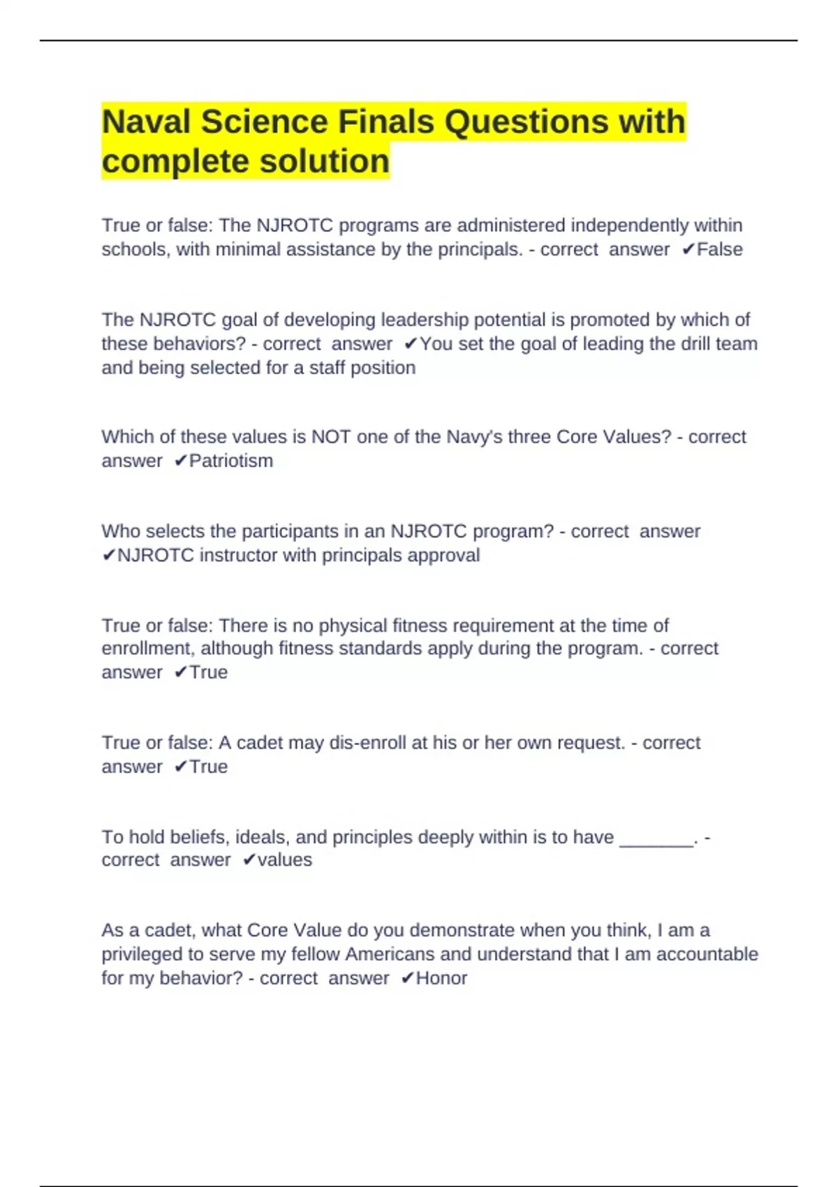 Naval Science Finals Questions with complete solution - Naval Science ...