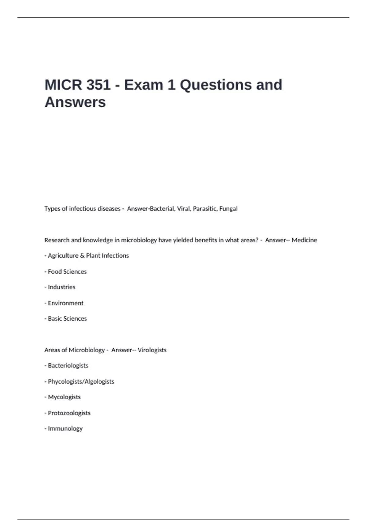 MICR 351 - Exam 1 Questions and Answers - Micr - Stuvia US