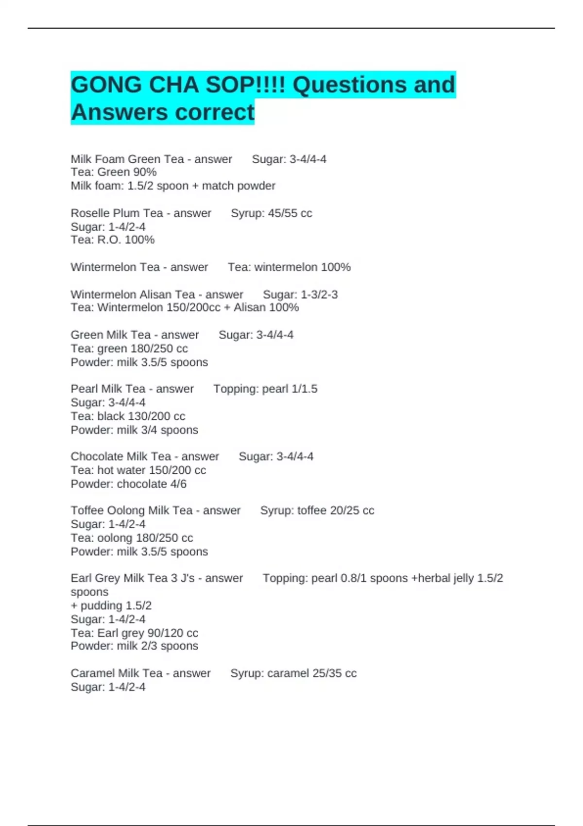 GONG CHA SOP!!!! Questions and Answers correct - CHA - Stuvia US