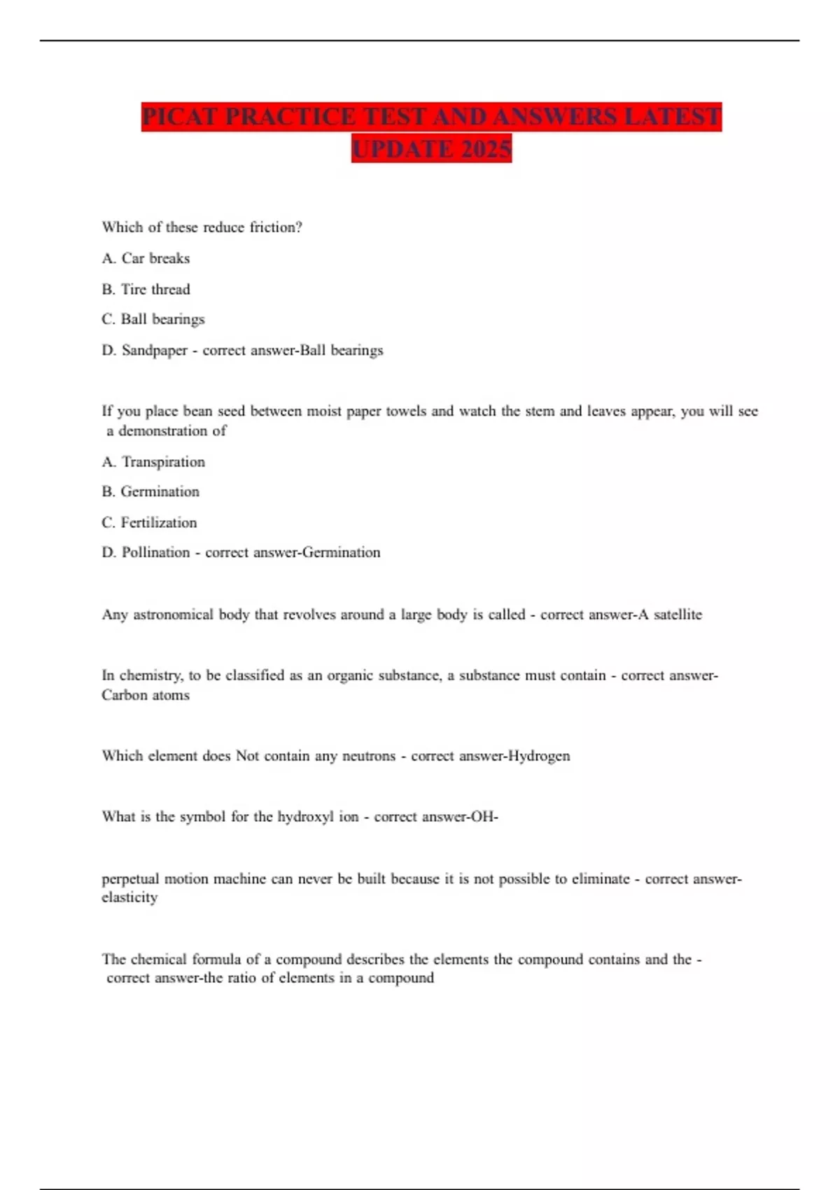 PICAT PRACTICE TEST AND ANSWERS LATEST UPDATE 2025 - PICAT - Stuvia US