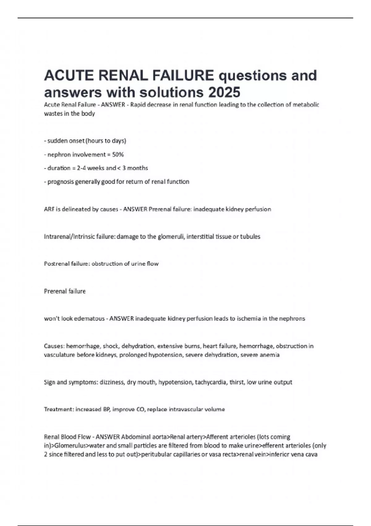 ACUTE RENAL FAILURE questions and answers with solutions 2025 - ARF ...