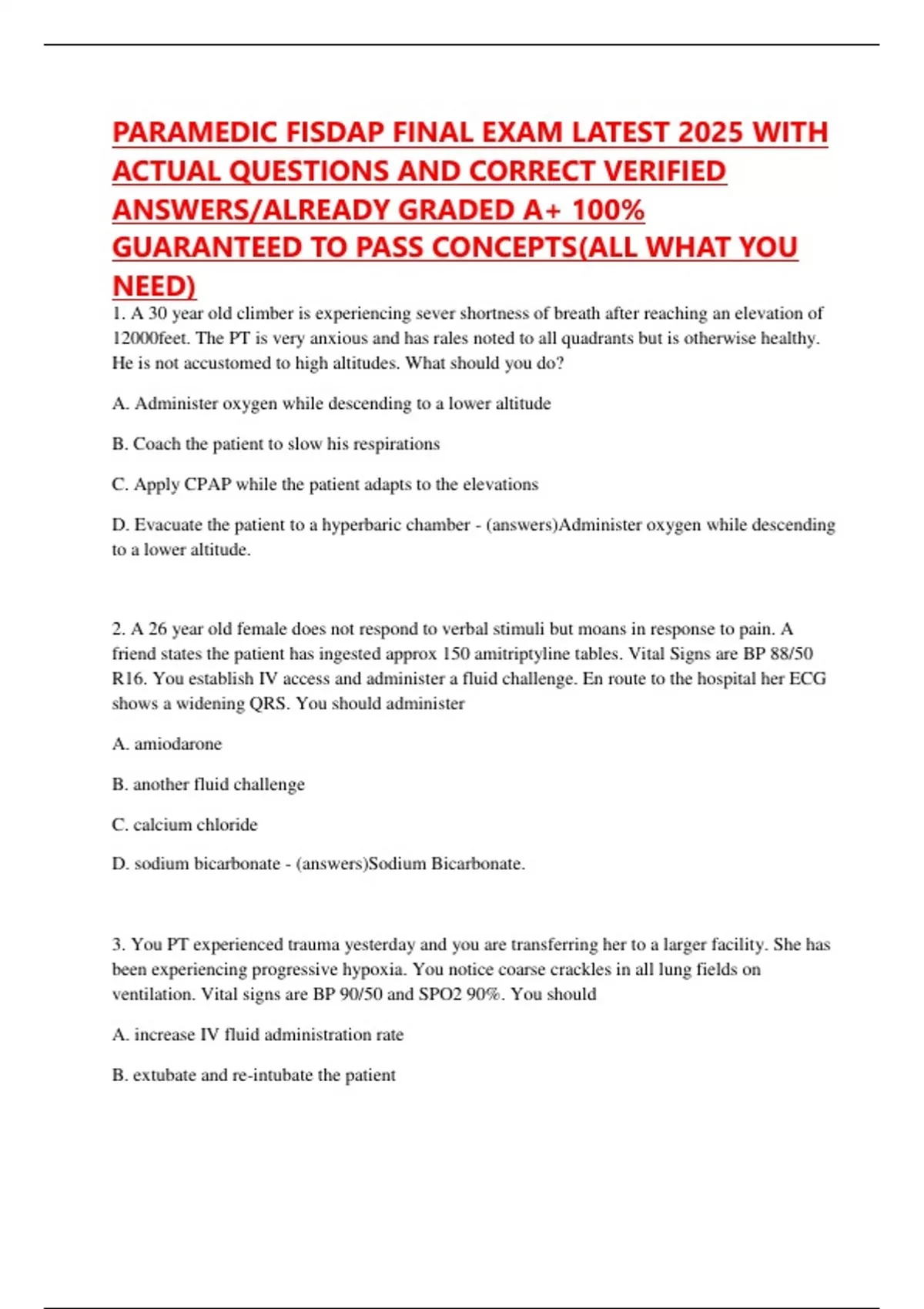 PARAMEDIC FISDAP FINAL EXAM LATEST 2025 WITH ACTUAL QUESTIONS AND ...