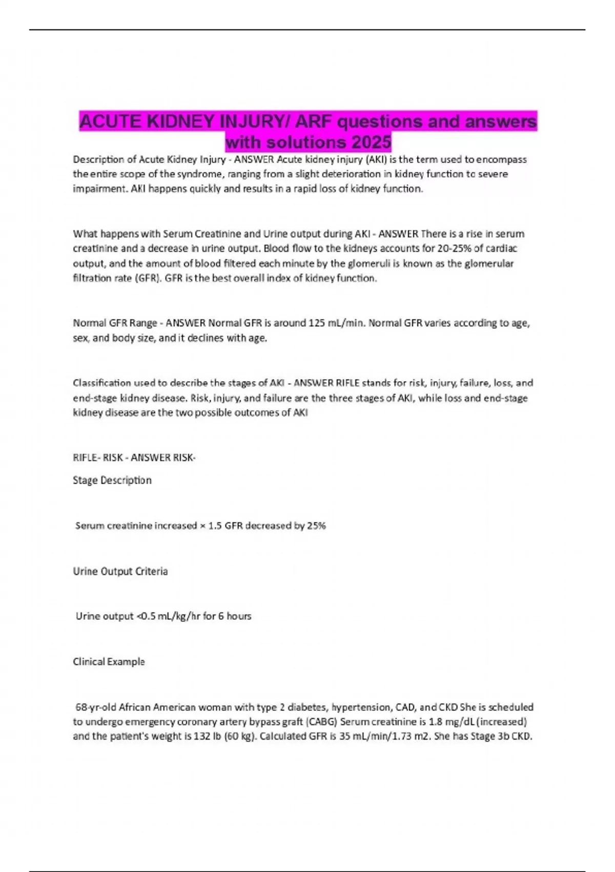 ACUTE KIDNEY INJURY/ ARF questions and answers with solutions 2025 ...