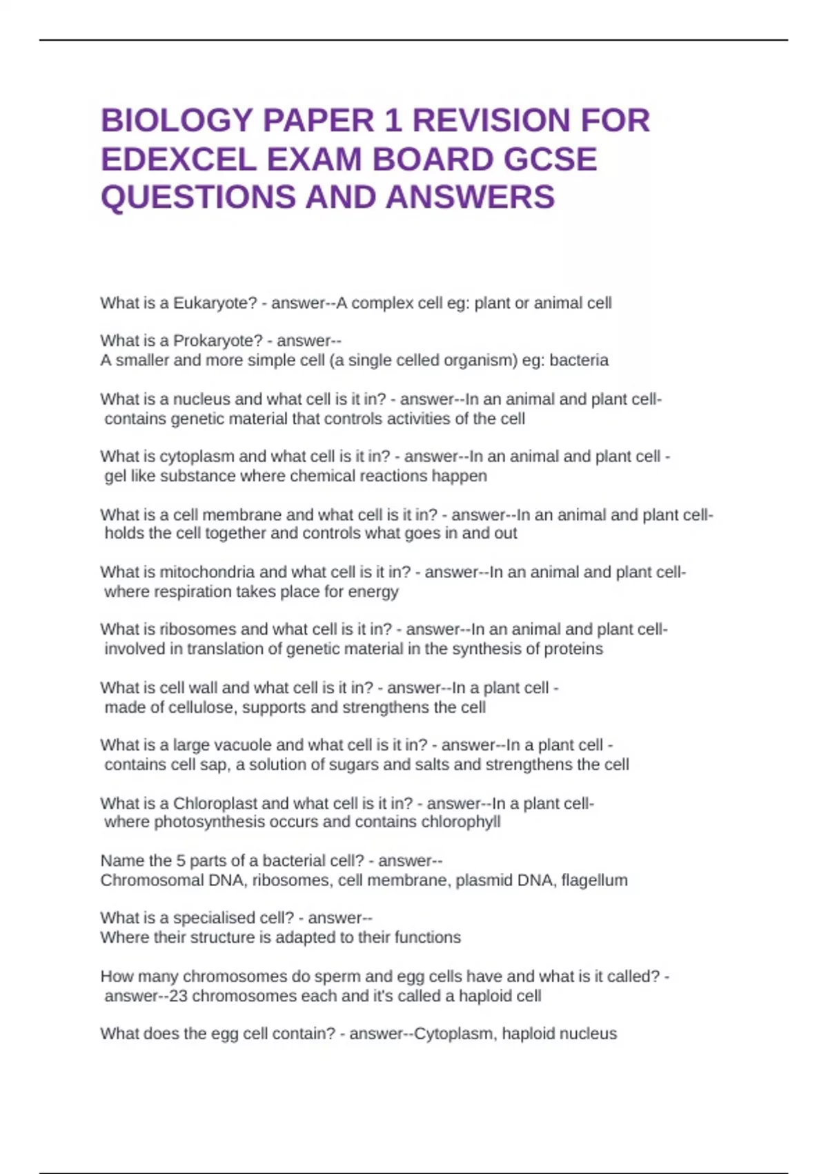 BIOLOGY PAPER 1 REVISION FOR EDEXCEL EXAM BOARD GCSE QUESTIONS AND ...