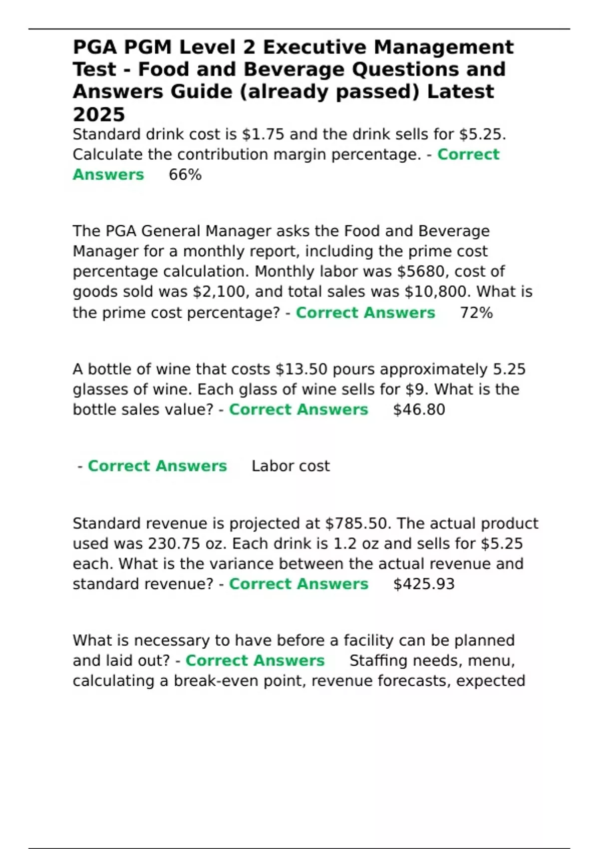PGA PGM Level 2 Executive Management Test - Food and Beverage Questions ...