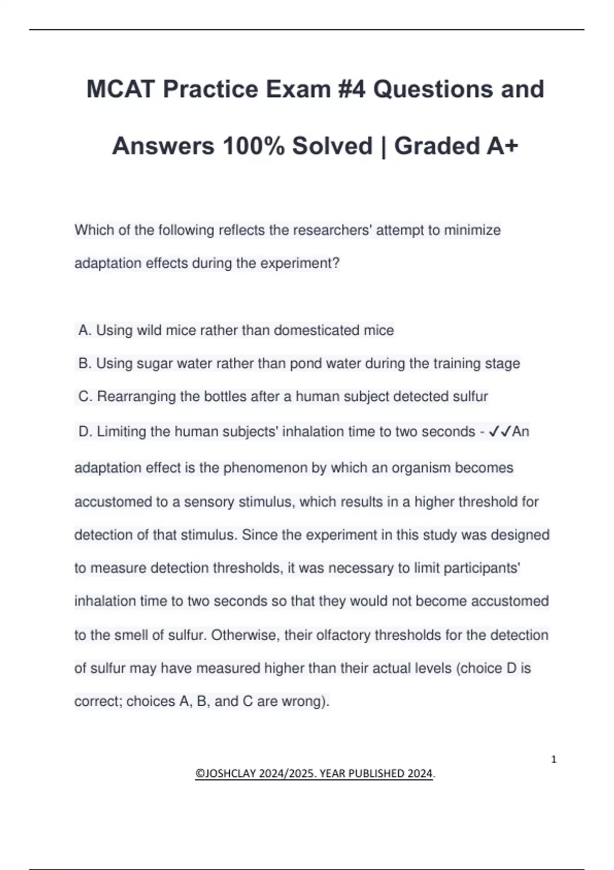 MCAT Practice Exam #4 Questions and Answers 100% Solved | Graded A+ ...