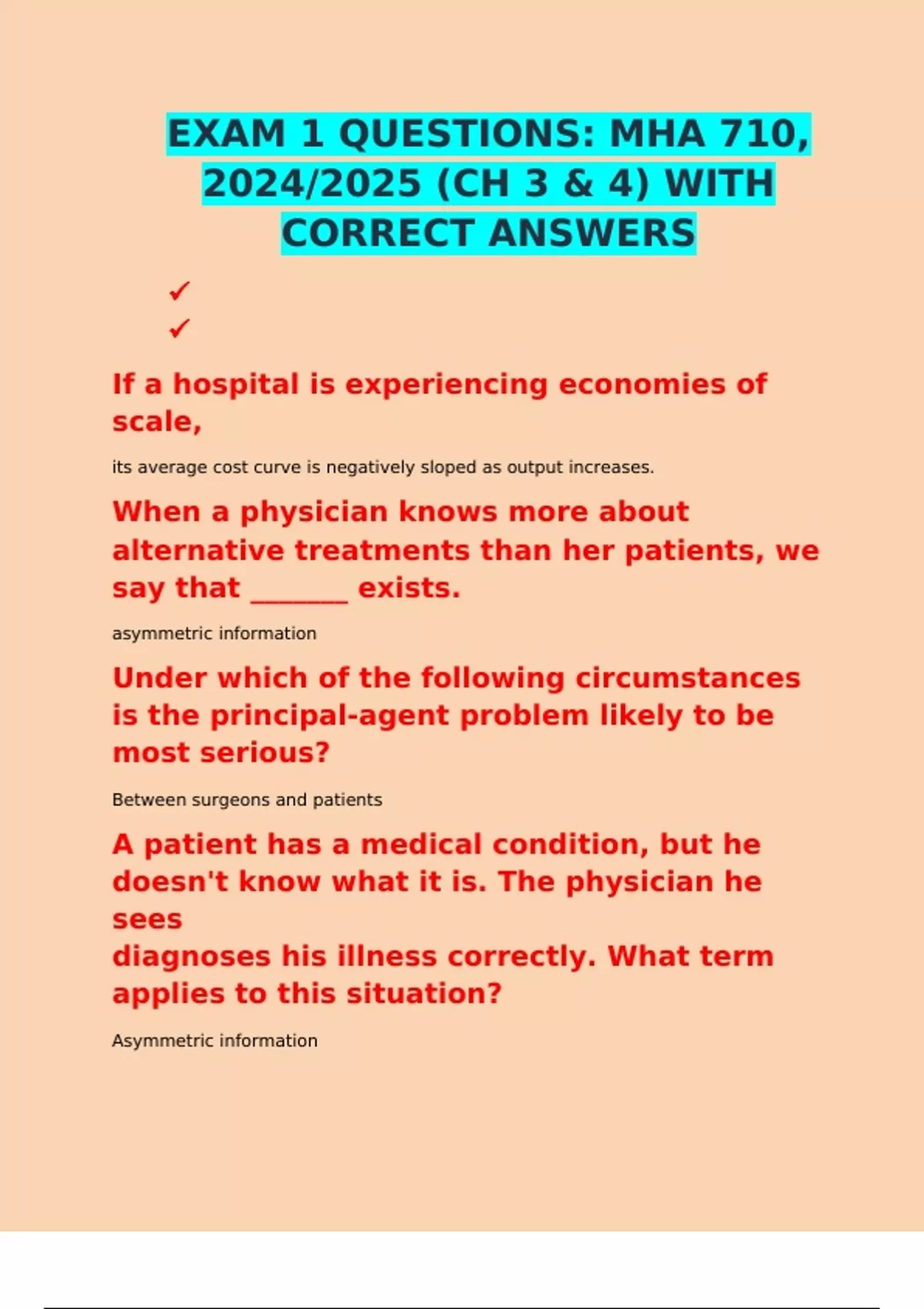 EXAM 1 QUESTIONS: MHA 710, 2024/2025 (CH 3 & 4) WITH CORRECT ANSWERS ...