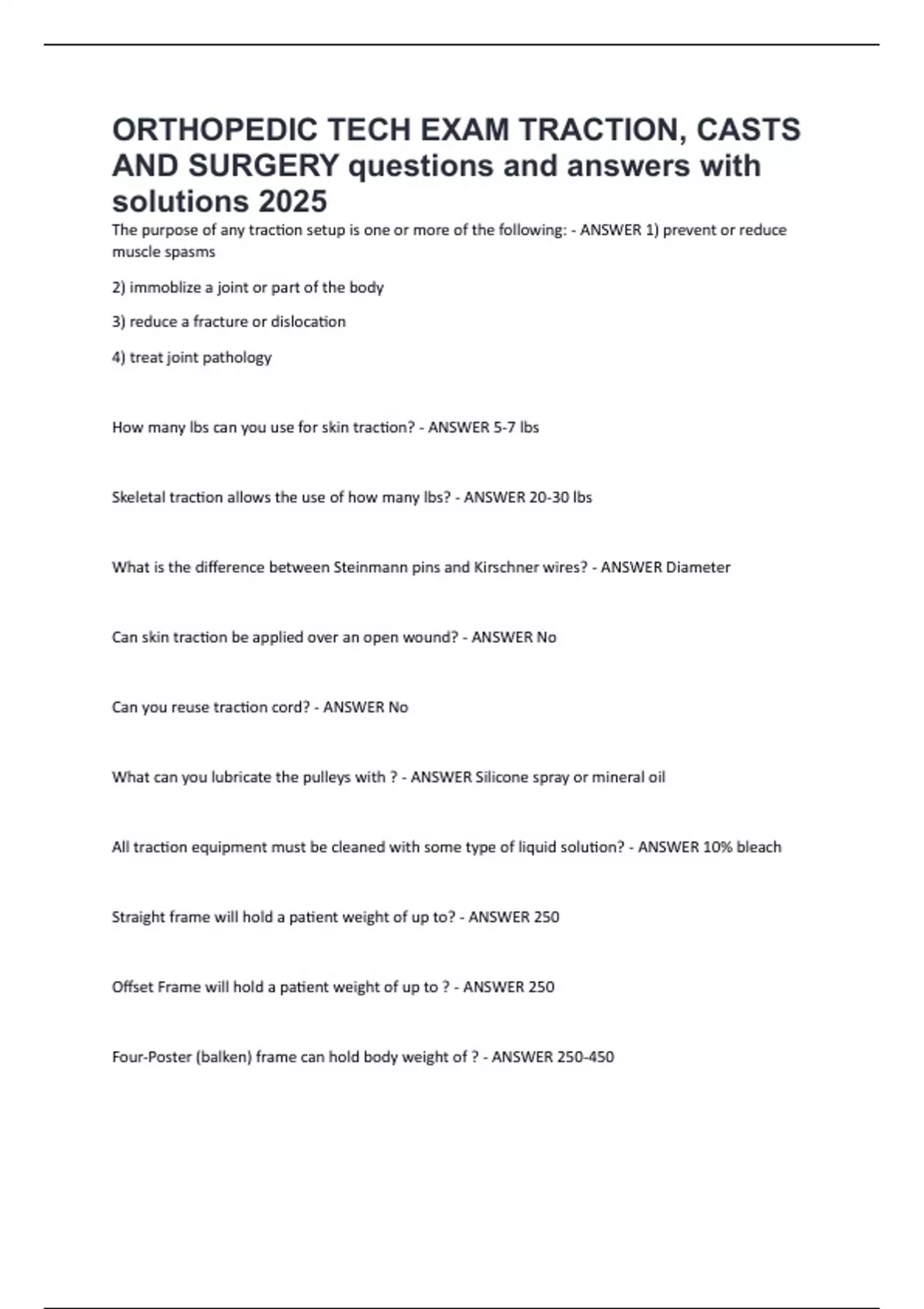 ORTHOPEDIC TECH EXAM TRACTION, CASTS AND SURGERY questions and answers ...