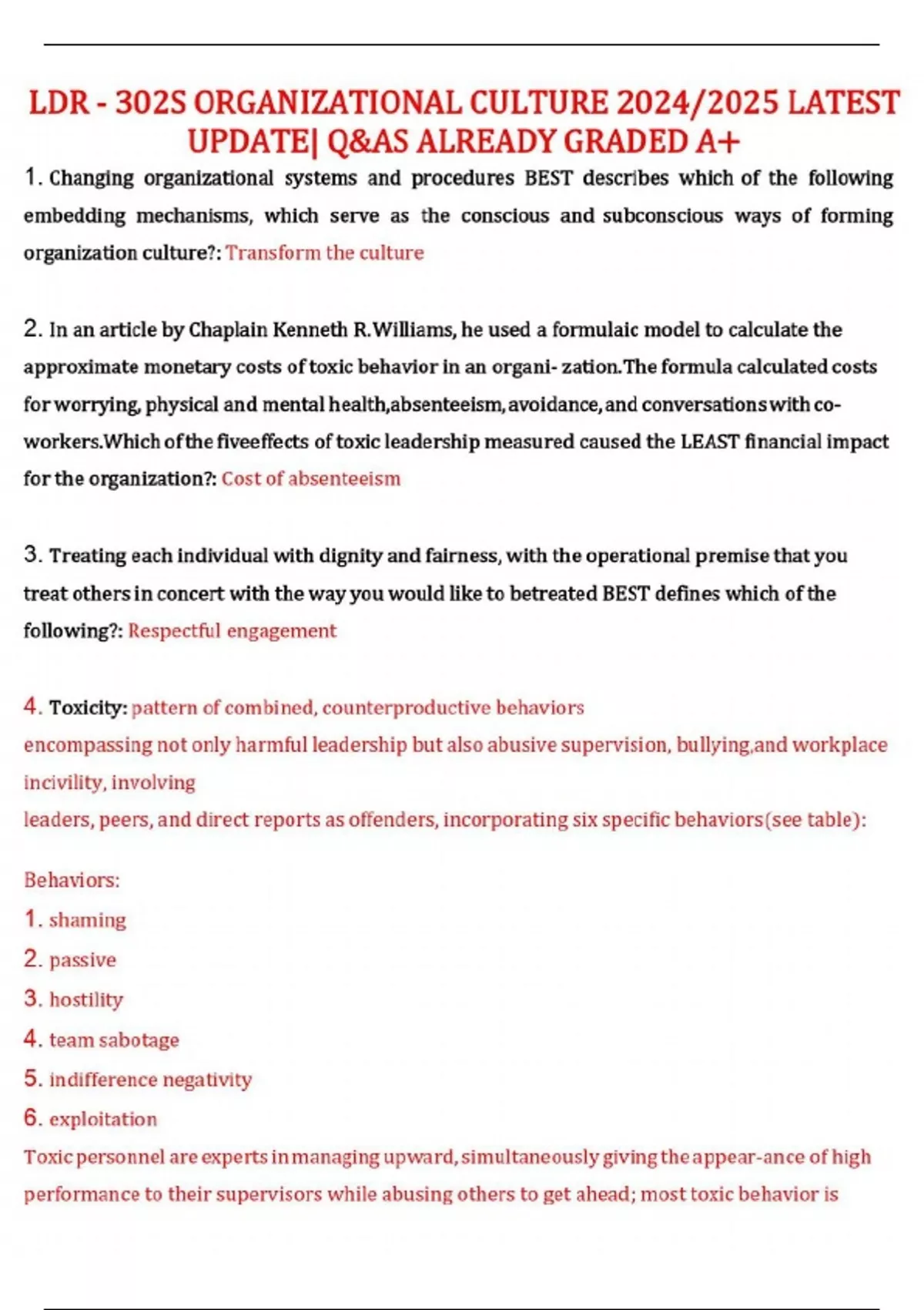 LDR - 302S ORGANIZATIONAL CULTURE 2024 WITH COMPLETE SOLUTION | GRADED ...