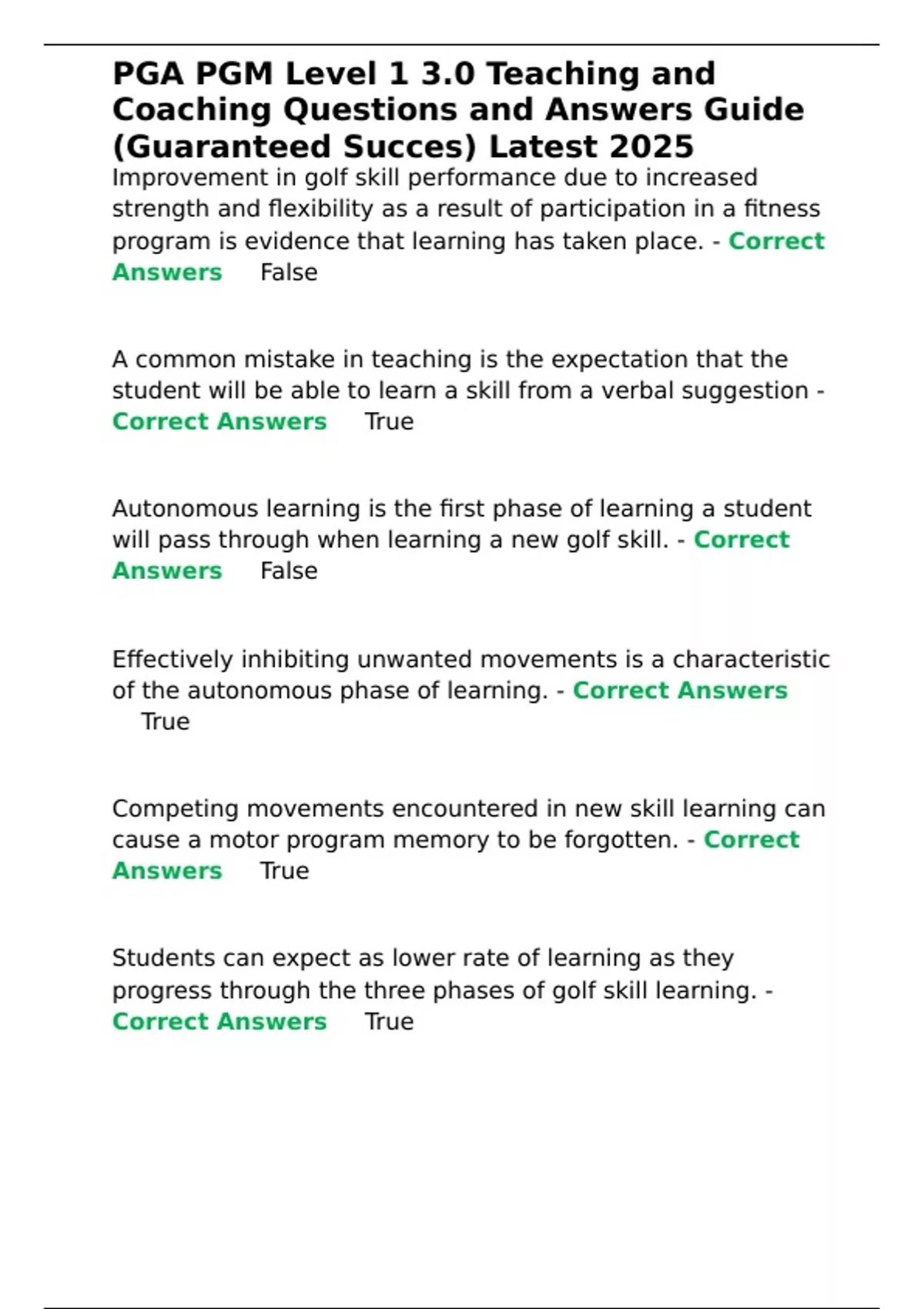 PGA PGM Level 1 3.0 Teaching and Coaching Questions and Answers Guide ...