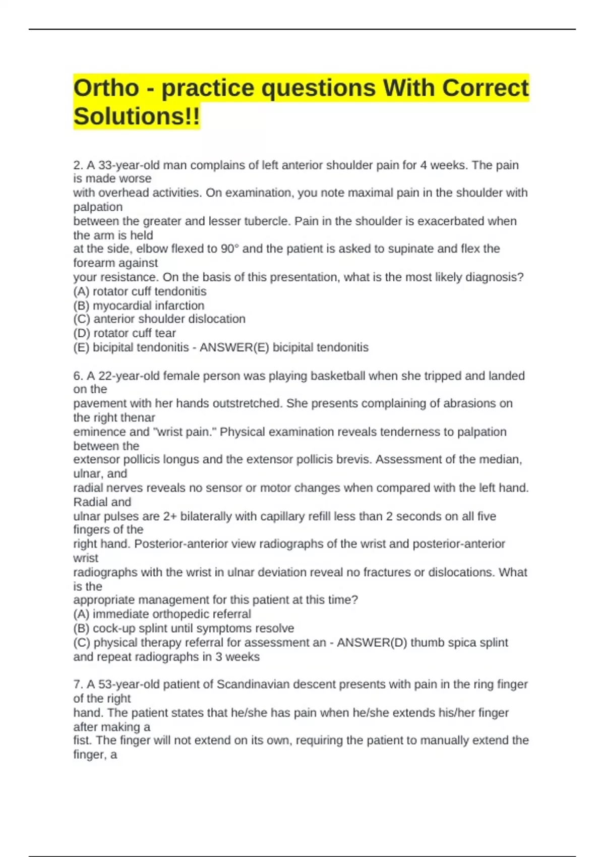 Ortho - practice questions With Correct Solutions!! - Ortho - - Stuvia US