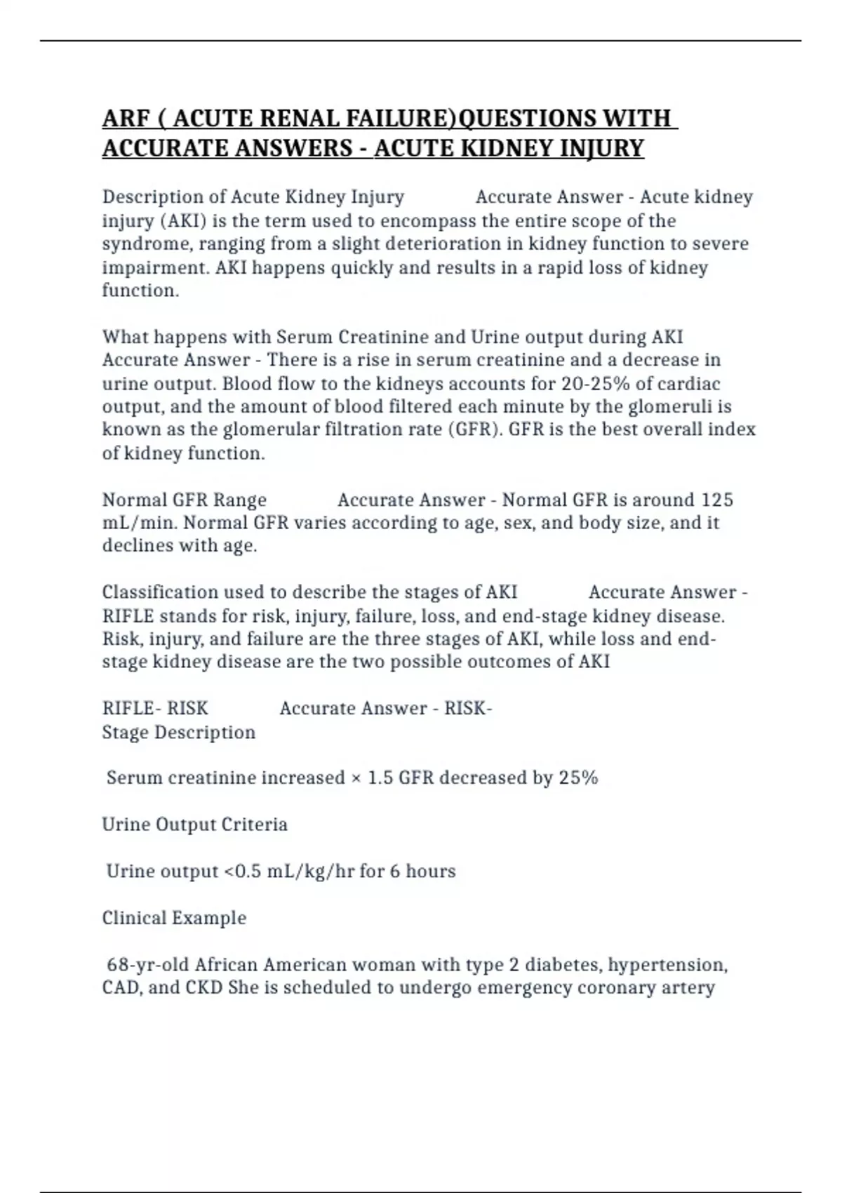 ARF ( ACUTE RENAL FAILURE)QUESTIONS WITH ACCURATE ANSWERS - ACUTE ...
