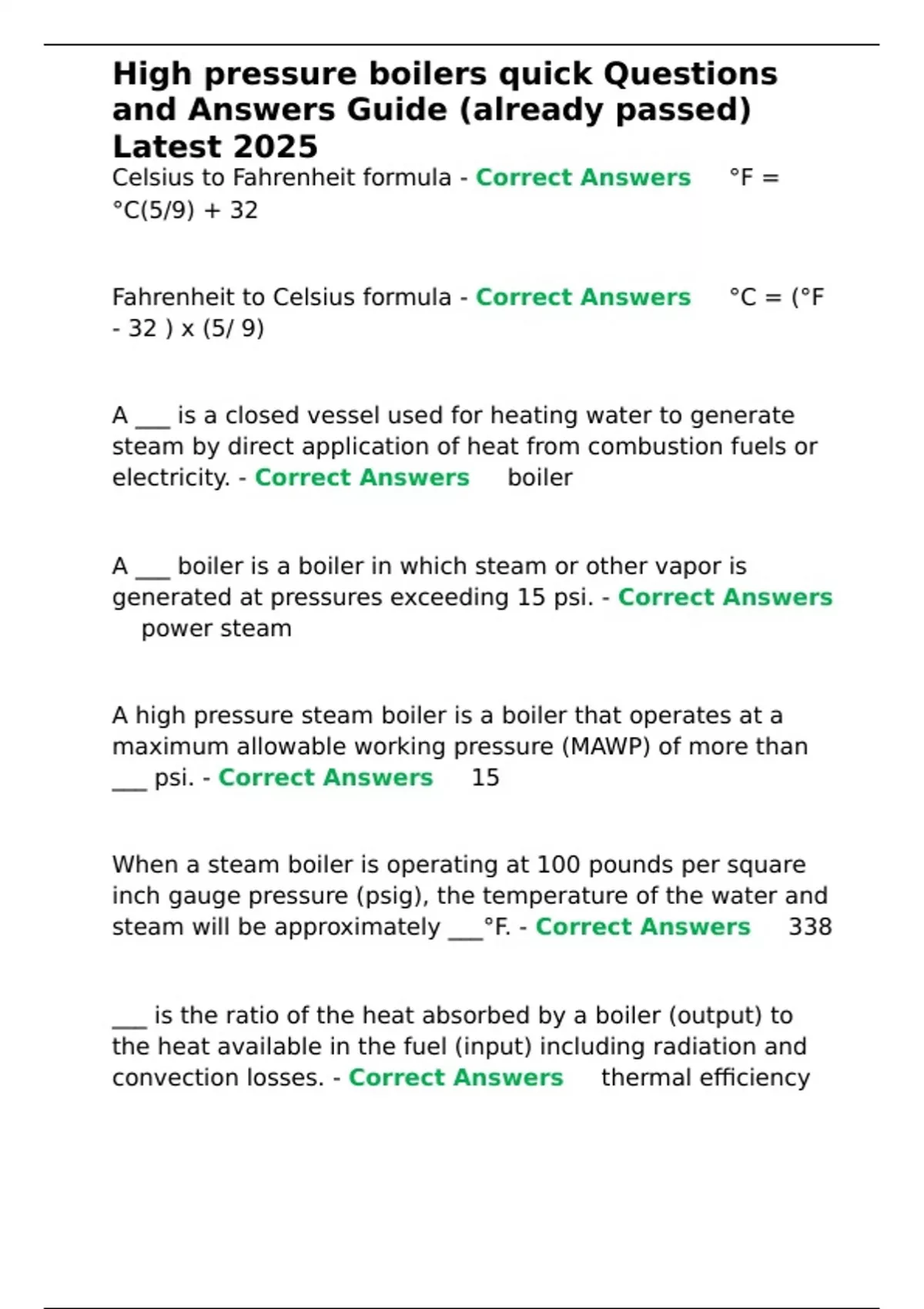 Summary High pressure boilers quick Questions and Answers Guide ...