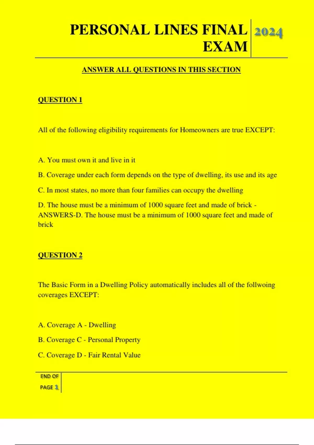PERSONAL LINES FINAL EXAM (State Of Texas Security)QUESTIONS AND ...