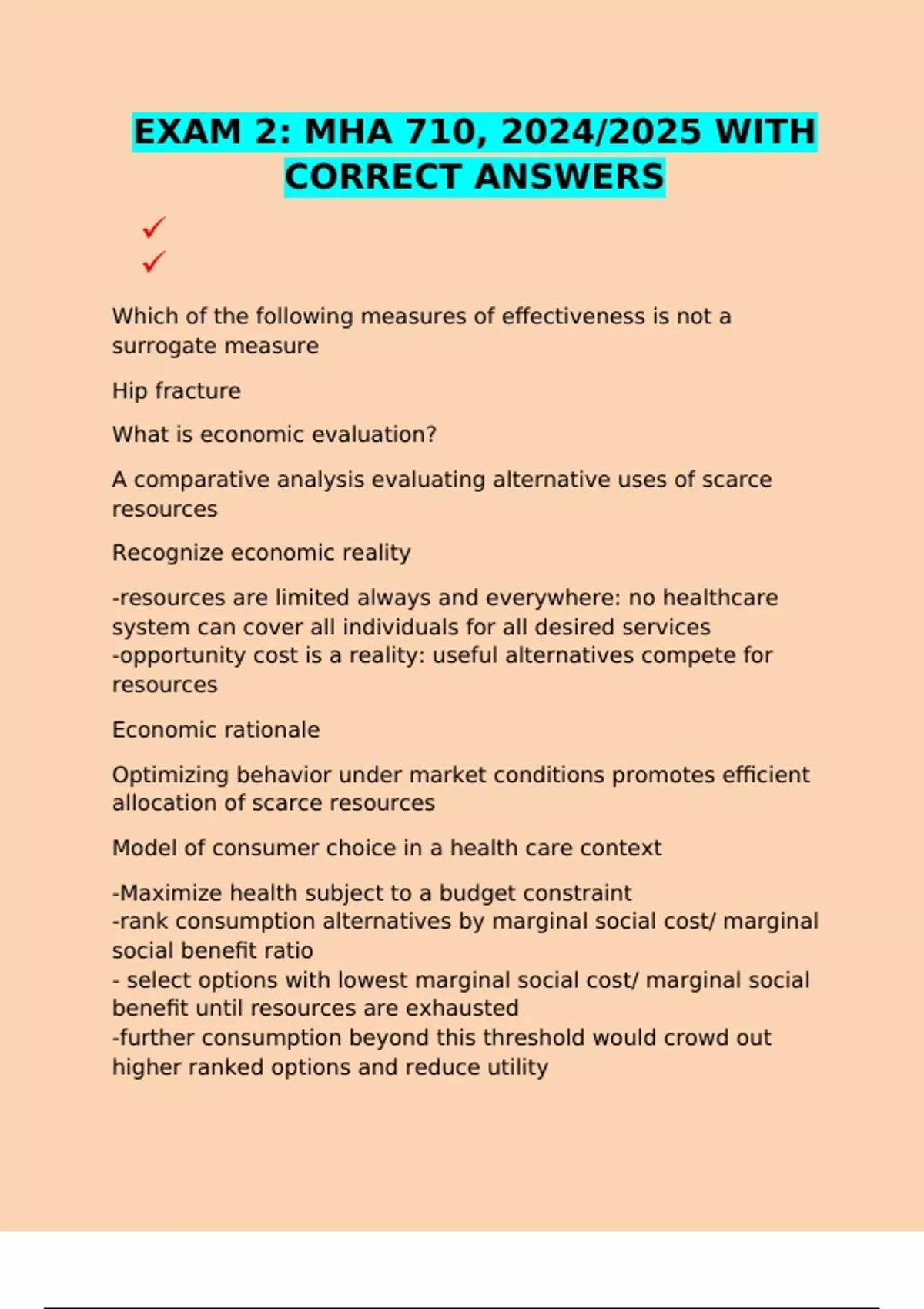 EXAM 2: MHA 710, 2024/2025 WITH CORRECT ANSWERS - MHA 710 - Stuvia US