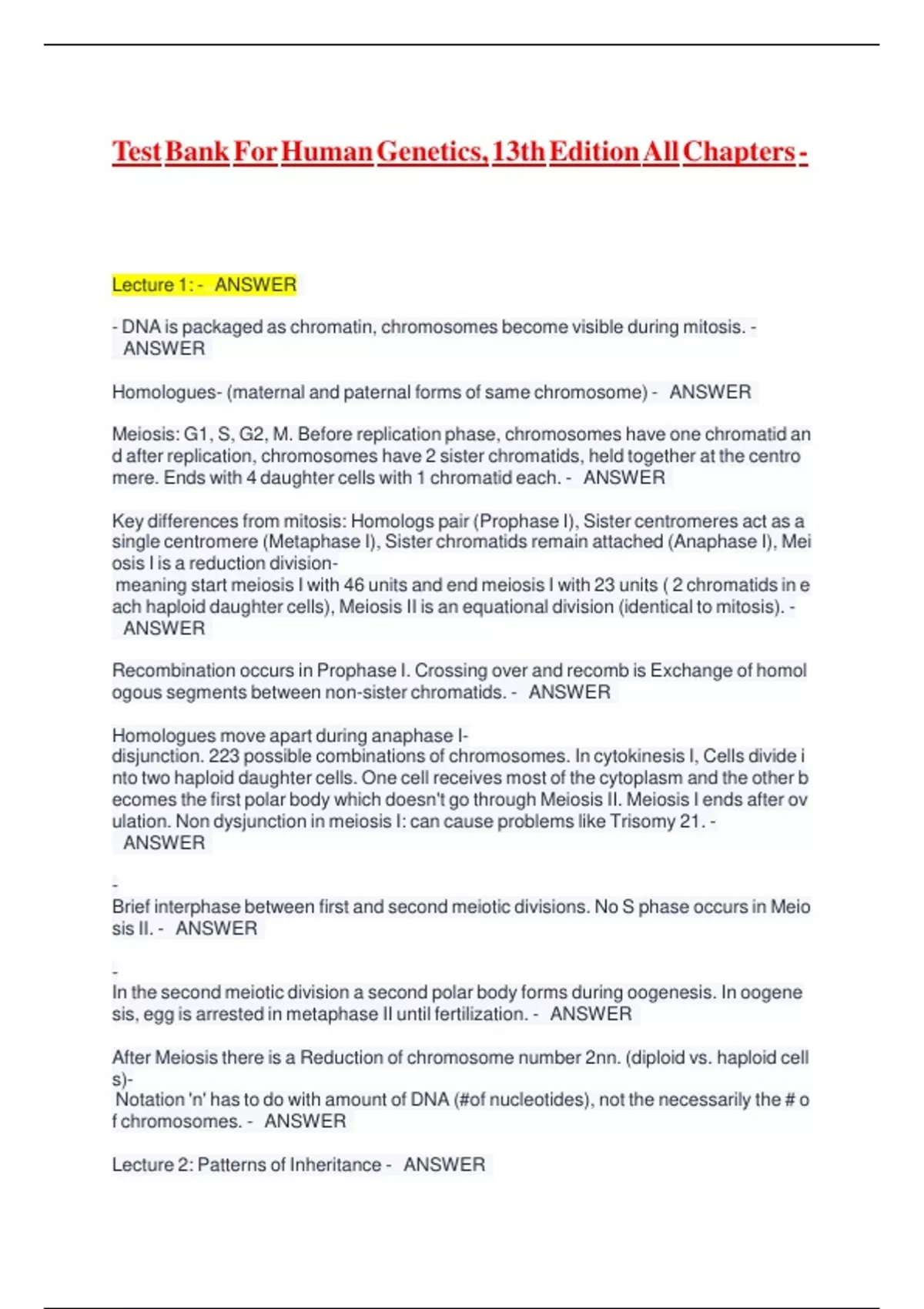 Test Bank for Medical Genetics 5th Edition by Jorde - Ch. 1-8 ...