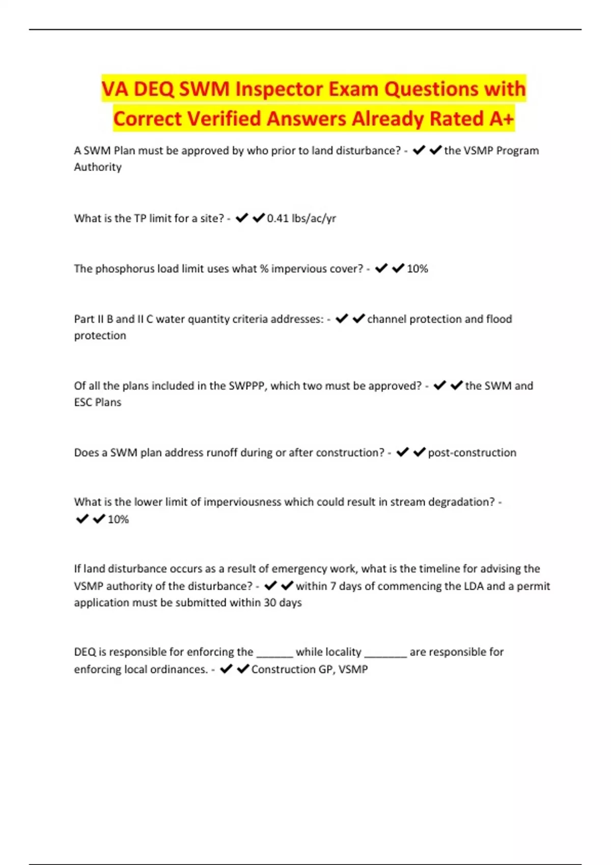 VA DEQ SWM Inspector Exam Questions with Correct Verified Answers ...