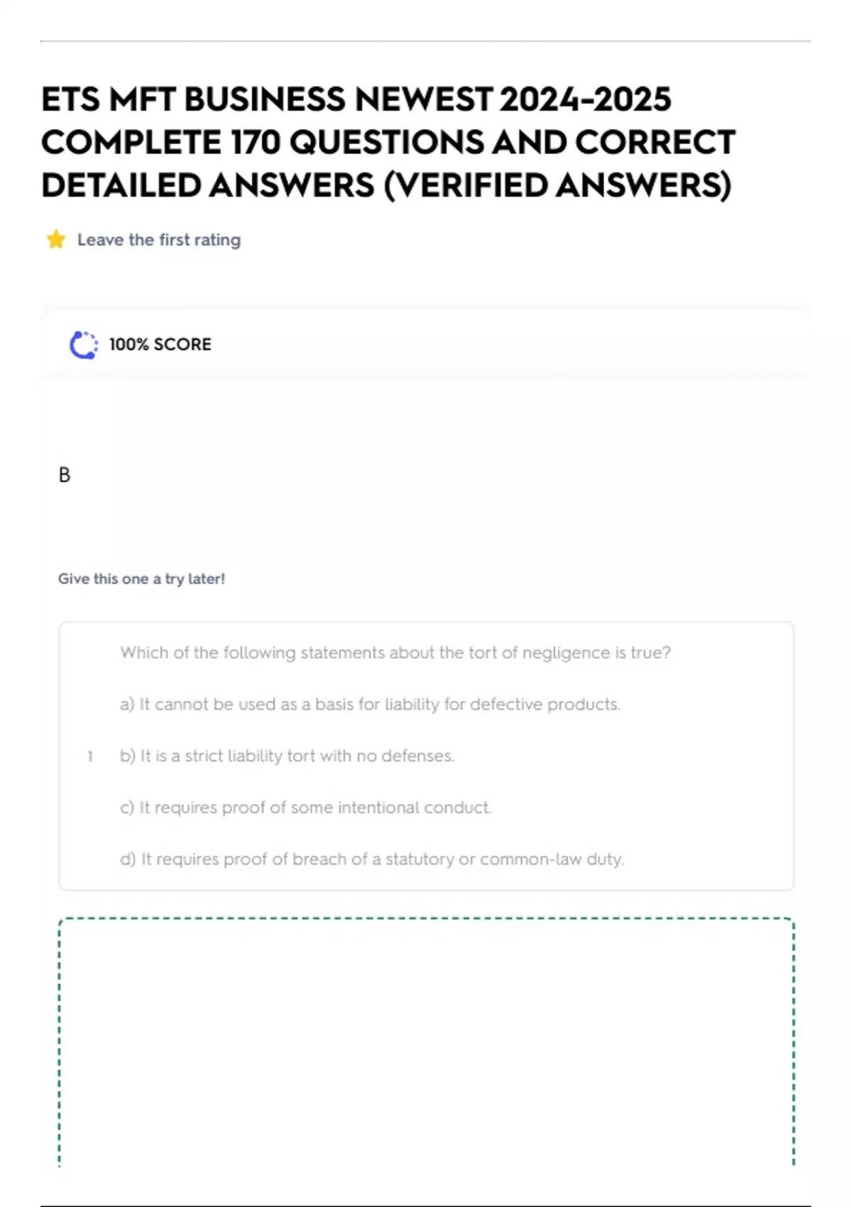 ETS MFT BUSINESS NEWEST COMPLETE 170 QUESTIONS AND CORRECT DETAILETS ...