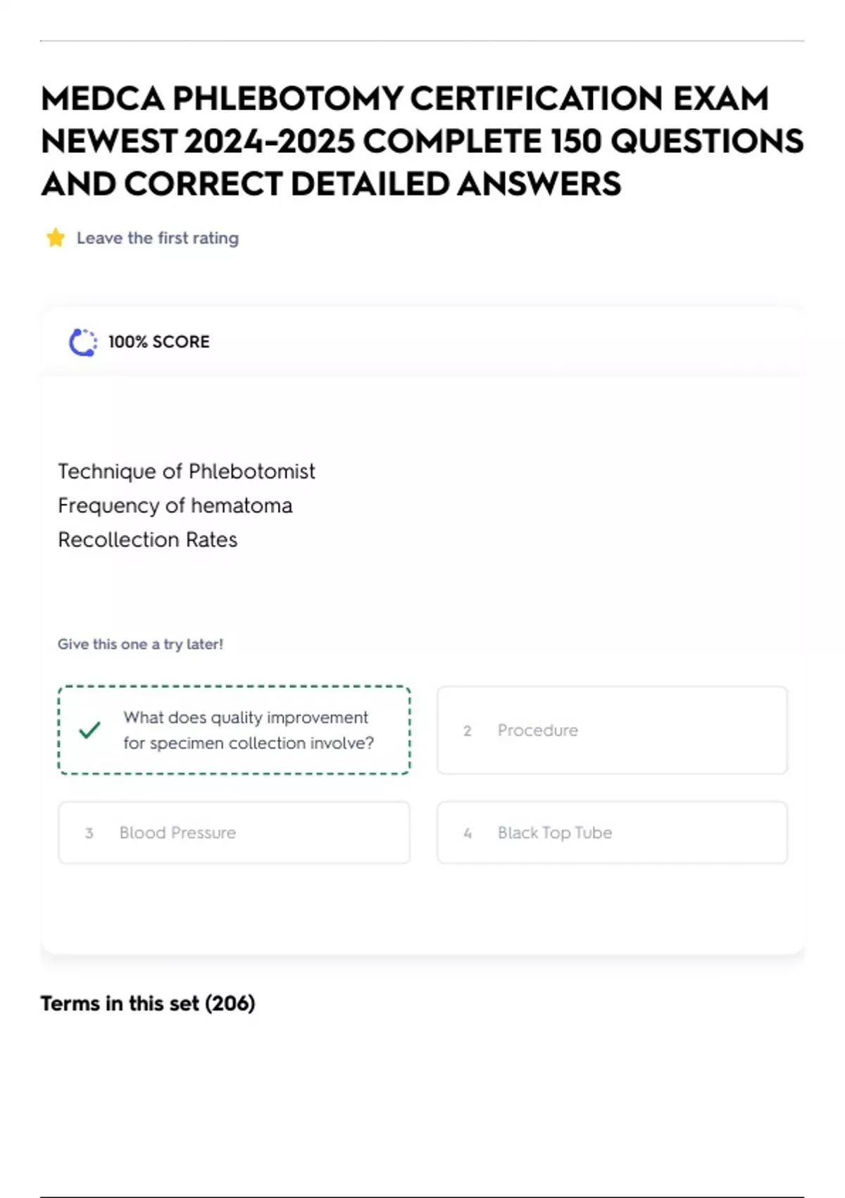 MEDCA PHLEBOTOMY CERTIFICATION EXAM NEWEST COMPLETE 150 QUESTIONS AND ...
