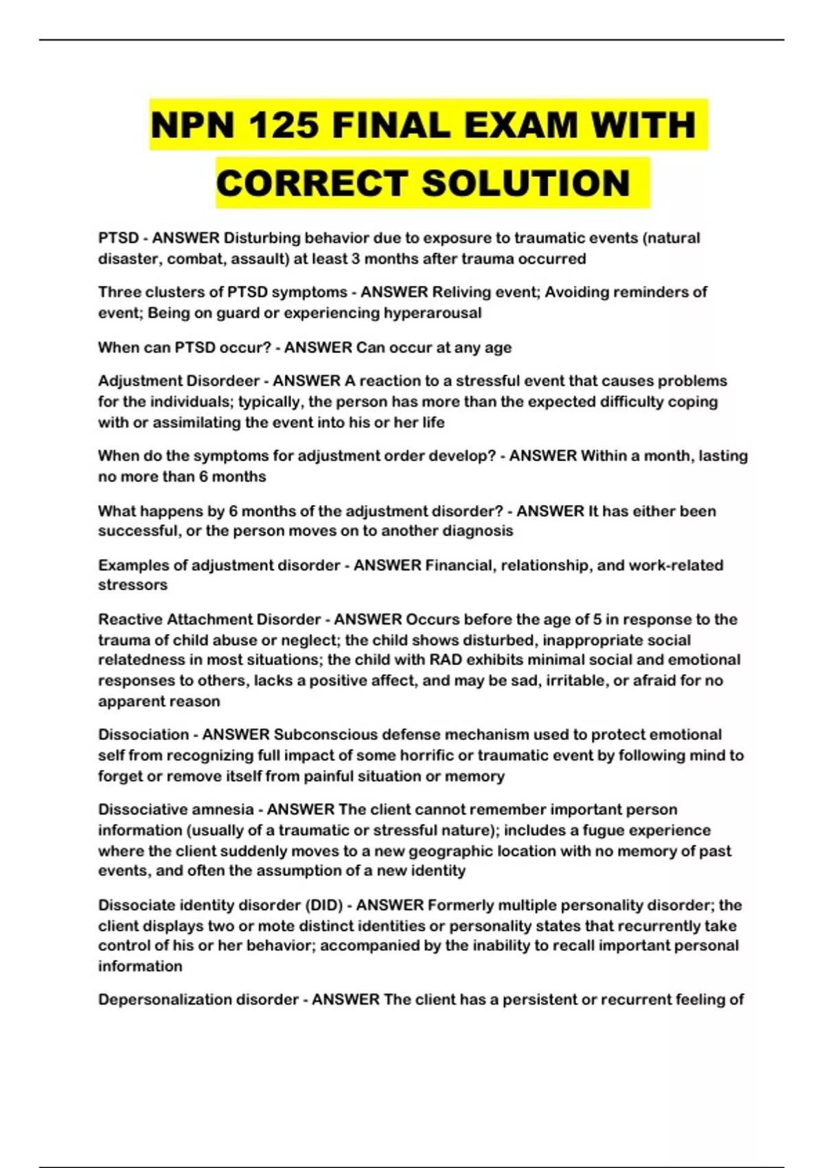 NPN 125 FINAL EXAM WITH CORRECT SOLUTION - NPN 125 - Stuvia US