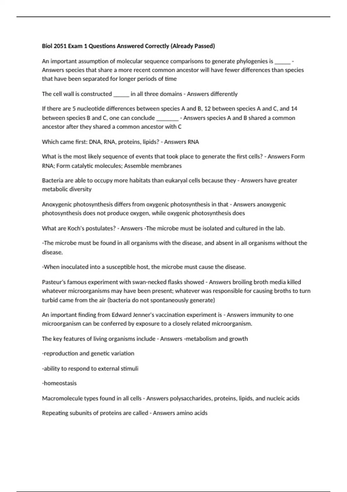 Biol 2051 Exam 1 Questions Answered Correctly (Already Passed) - Biol ...