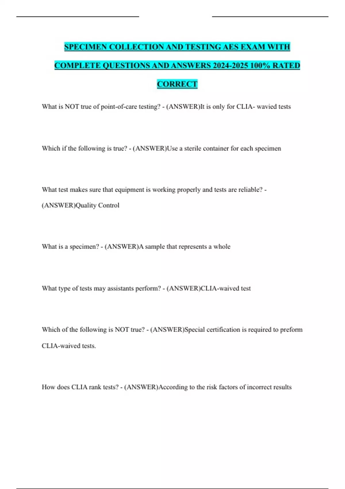 SPECIMEN COLLECTION AND TESTING AES EXAM WITH COMPLETE QUESTIONS AND ...
