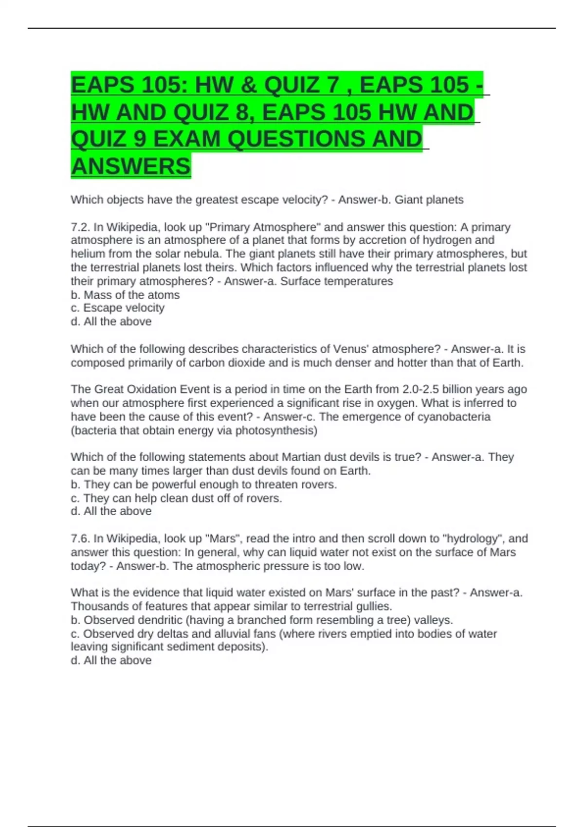 EAPS 105: HW & QUIZ 7 , EAPS 105 - HW AND QUIZ 8, EAPS 105 HW AND QUIZ 9 EXAM QUESTIONS AND ...