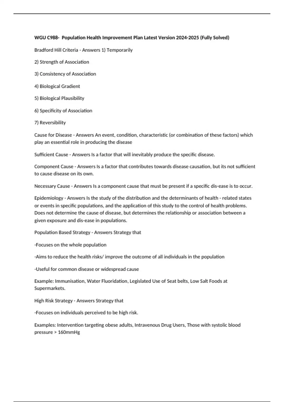 WGU C988- Population Health Improvement Plan Latest Version (Fully ...