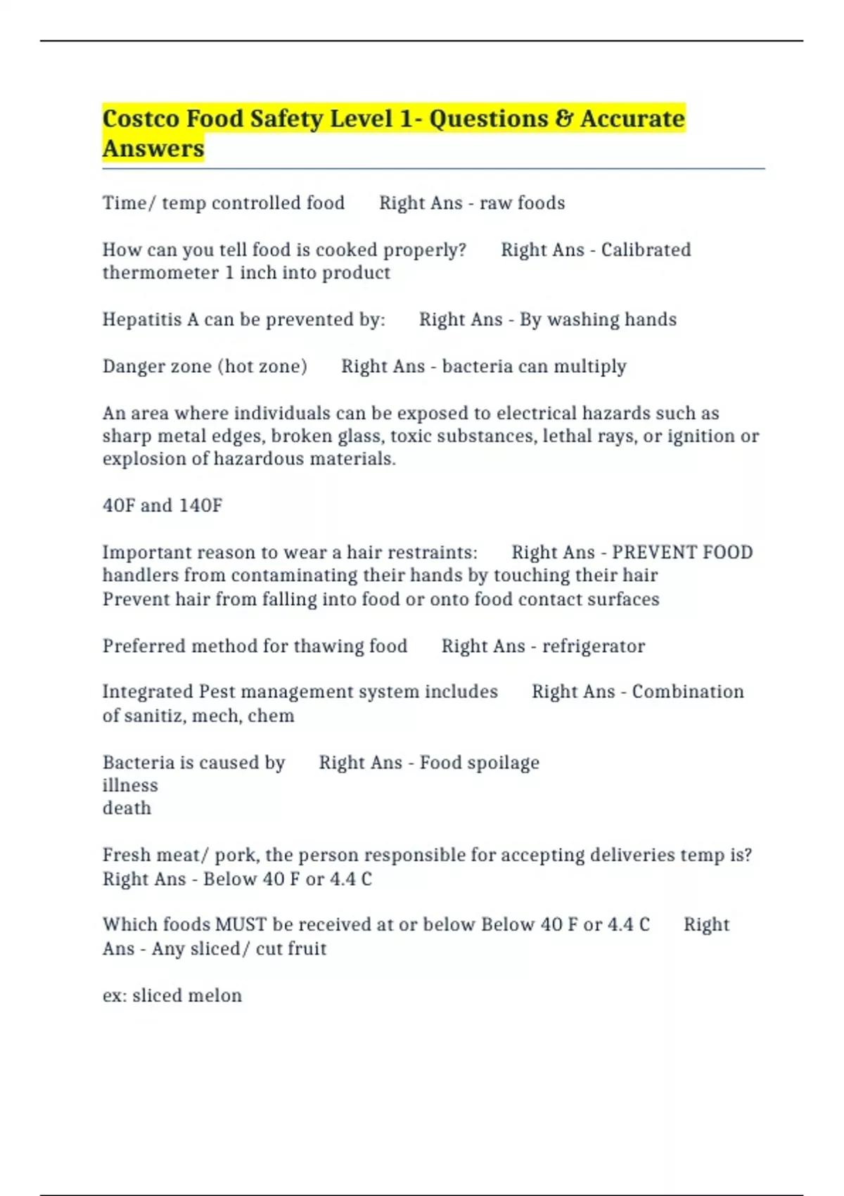 Costco Food Safety Level 1- Questions & Accurate Answers - Costco ...