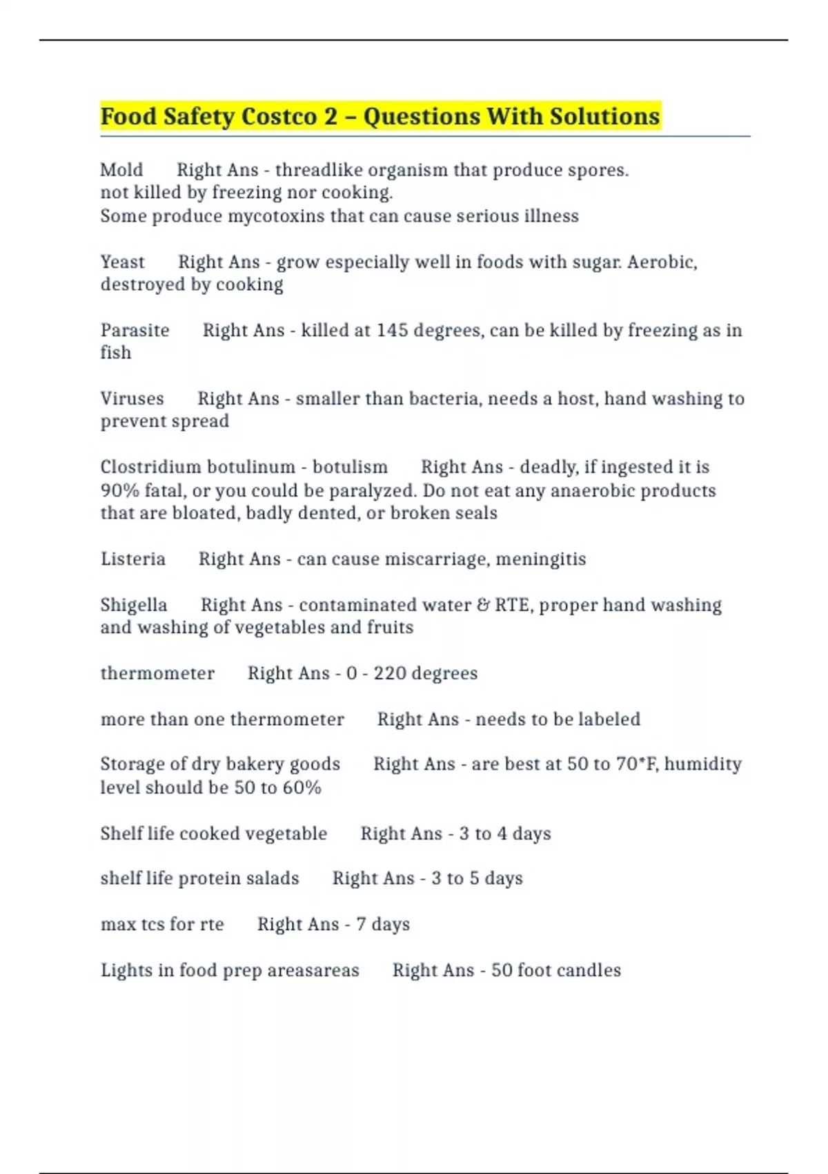 Food Safety Costco 2 – Questions With Solutions - Costco - Stuvia US