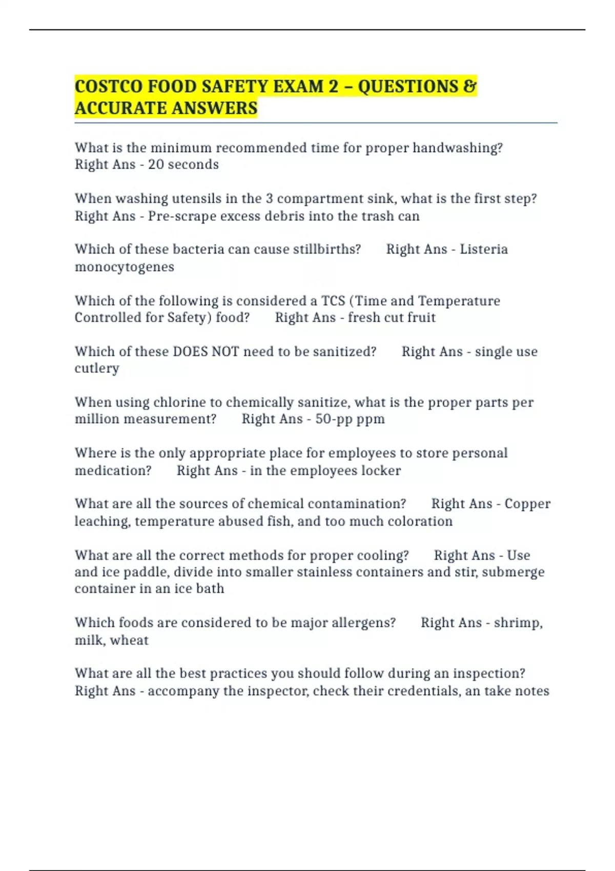 COSTCO FOOD SAFETY EXAM 2 – QUESTIONS & ACCURATE ANSWERS - COSTCO ...