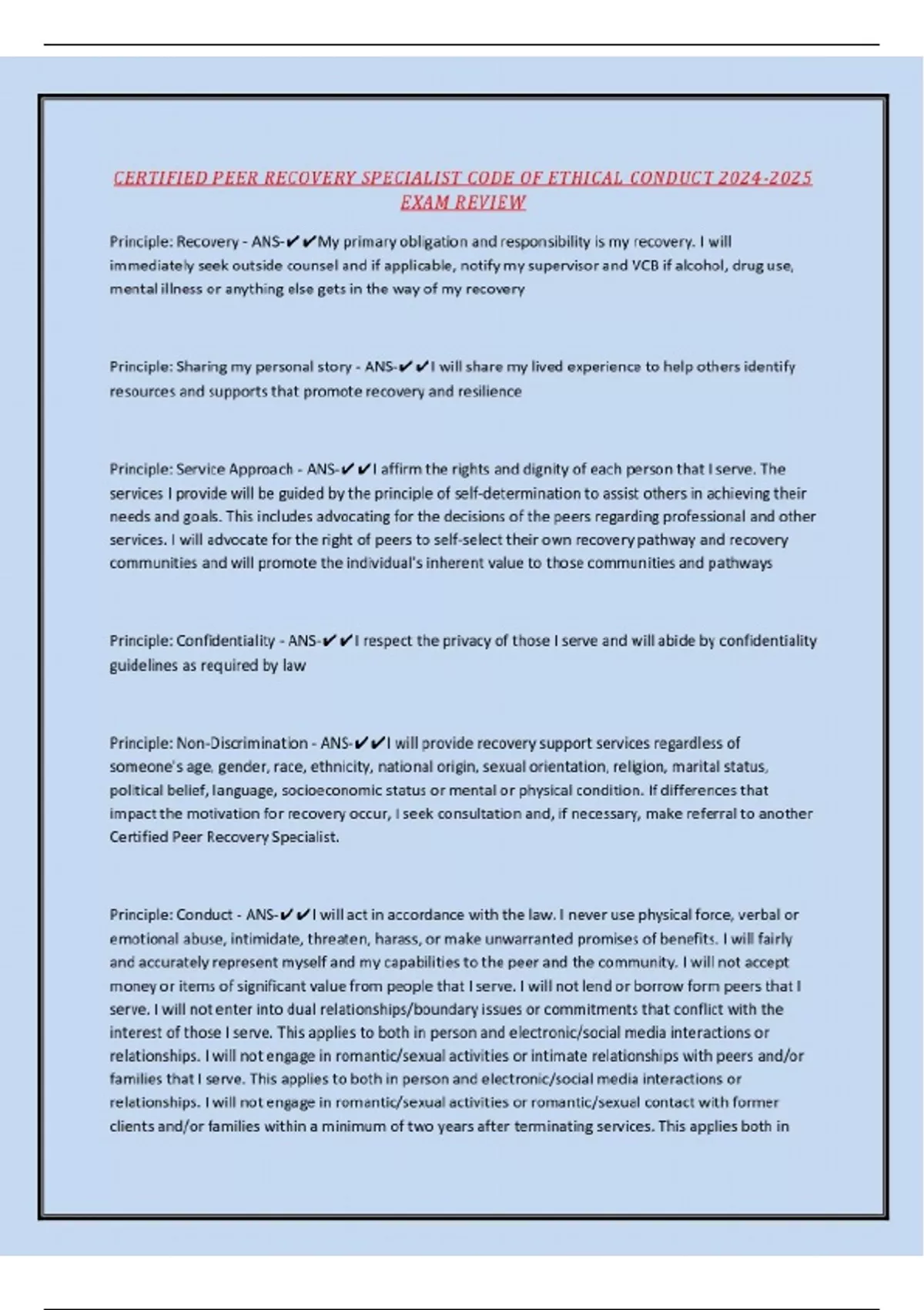 CERTIFIED PEER RECOVERY SPECIALIST CODE OF ETHICAL CONDUCT EXAM REVIEW ...