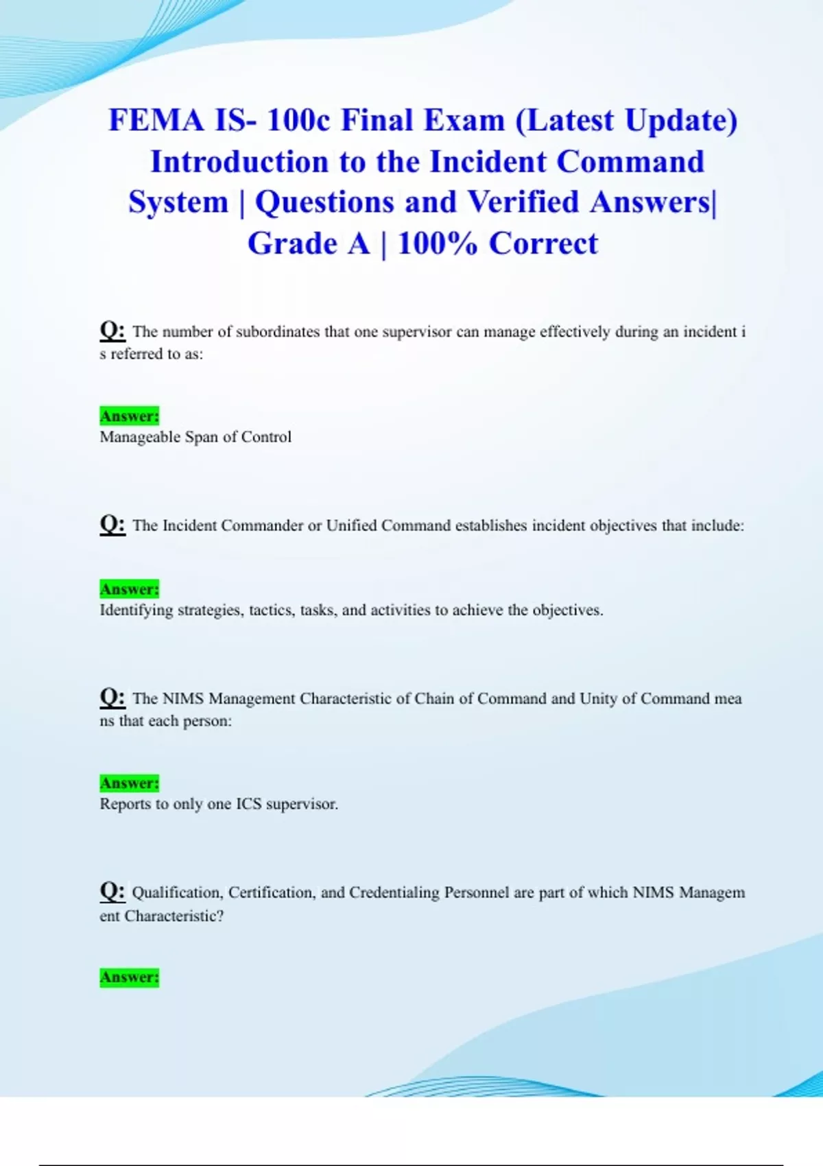 FEMA IS- 100c Final Exam (Latest 2024/ 2025 Update) Introduction to the ...
