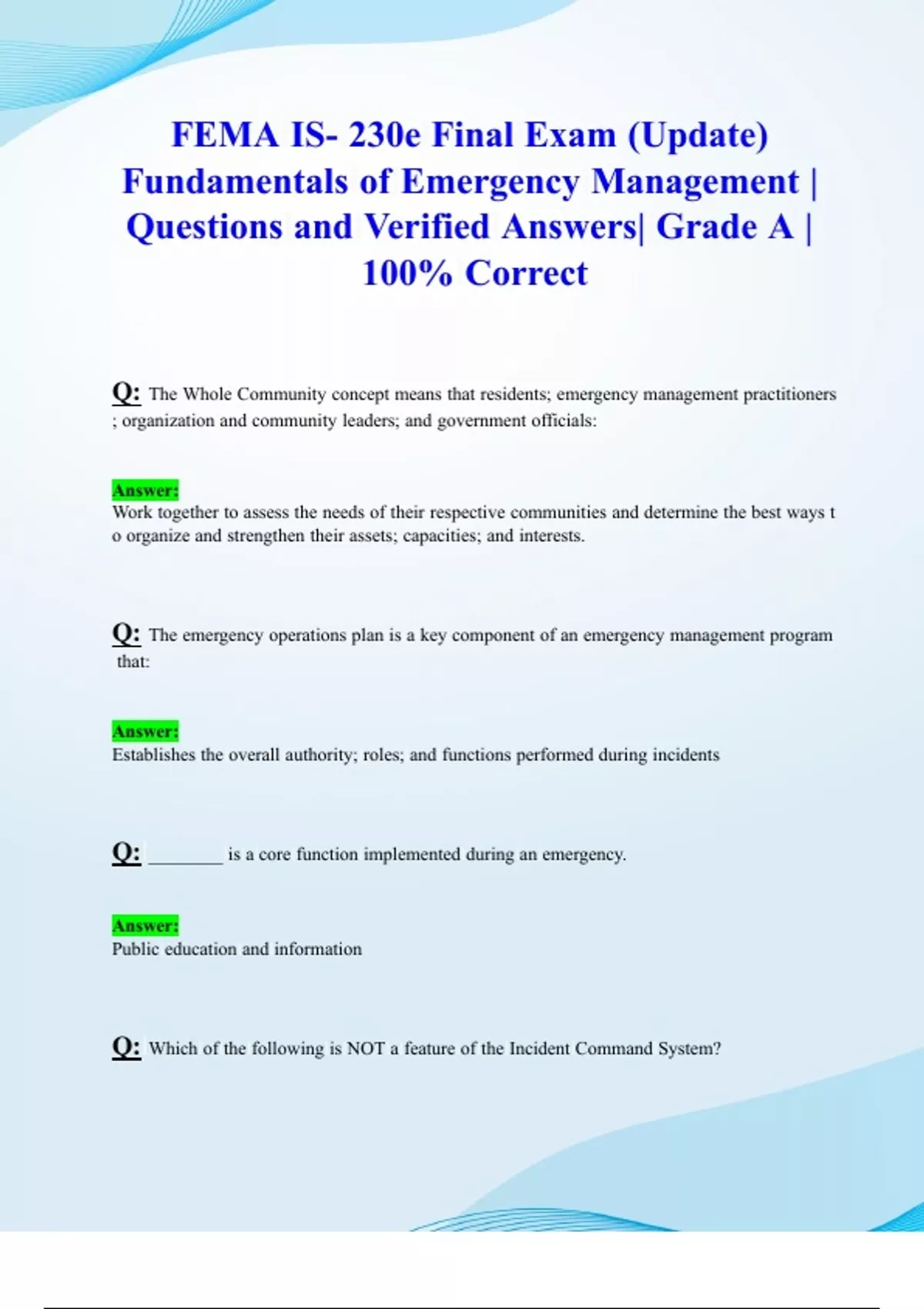 FEMA IS- 230e Final Exam (2024/ 2025 Update) Fundamentals of Emergency ...