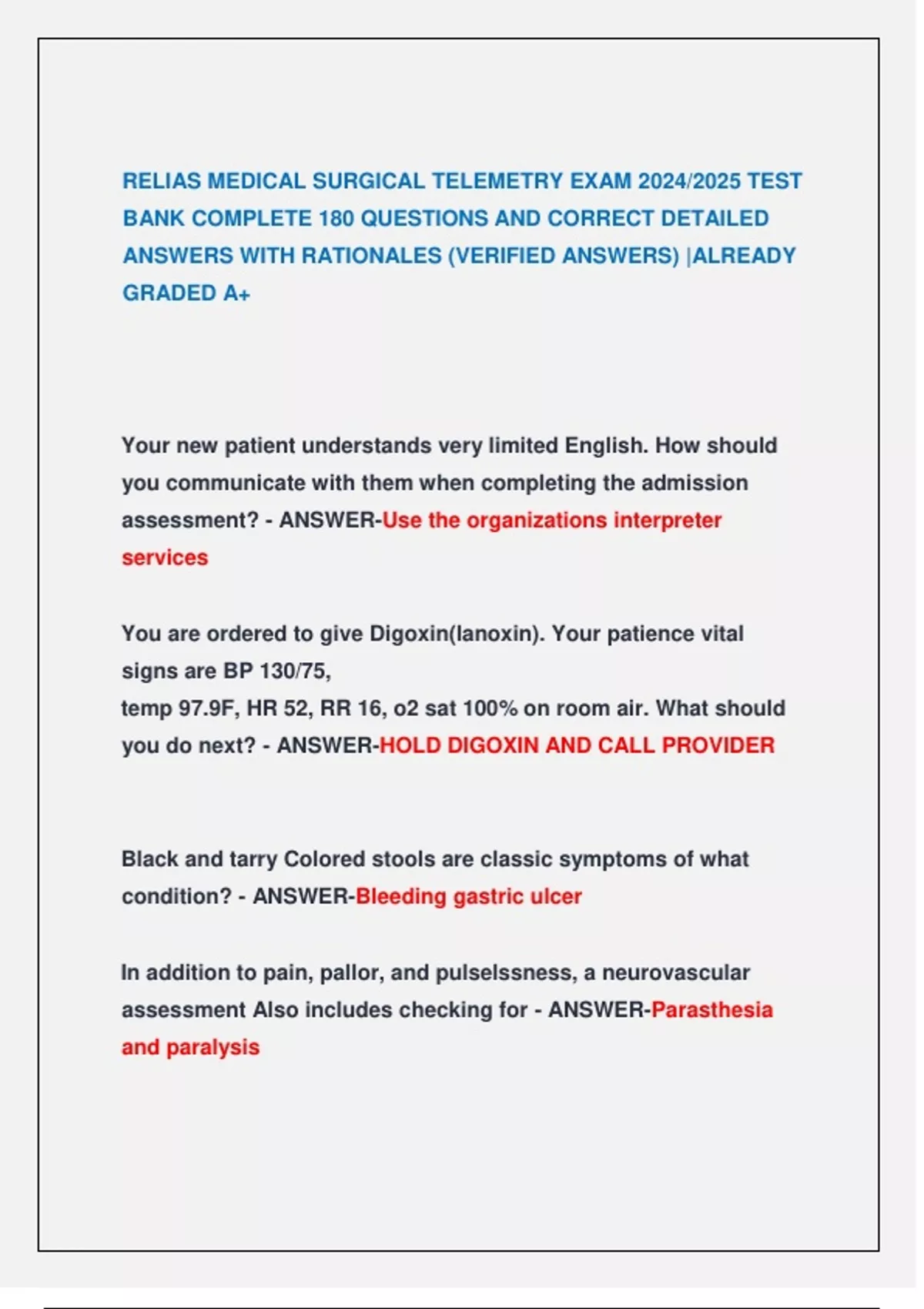 RELIAS MEDICAL SURGICAL TELEMETRY EXAM 2024/2025 TEST BANK COMPLETE 180 ...