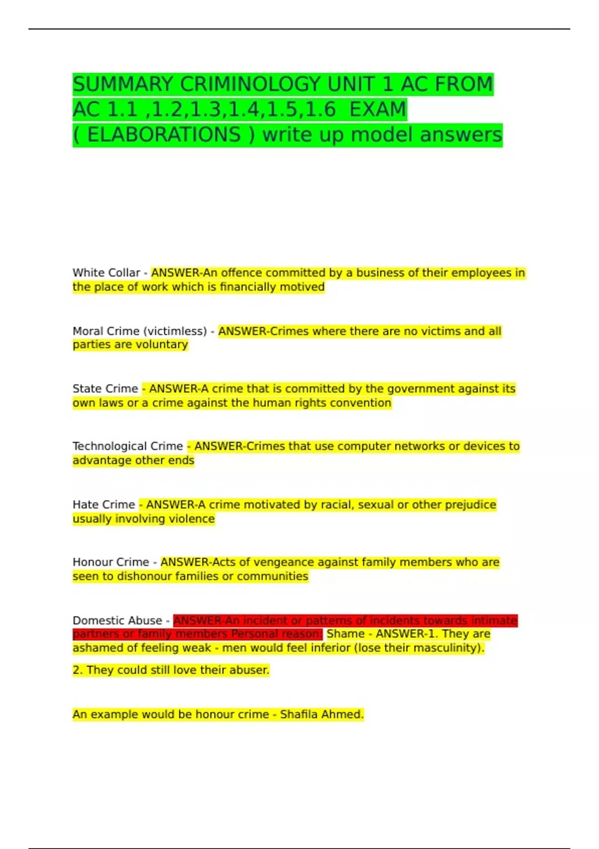 SUMMARY CRIMINOLOGY UNIT 1 AC FROM AC 1.1 ,1.2,1.3,1.4,1.5,1.6 EXAM ( ELABORATIONS ) write up ...