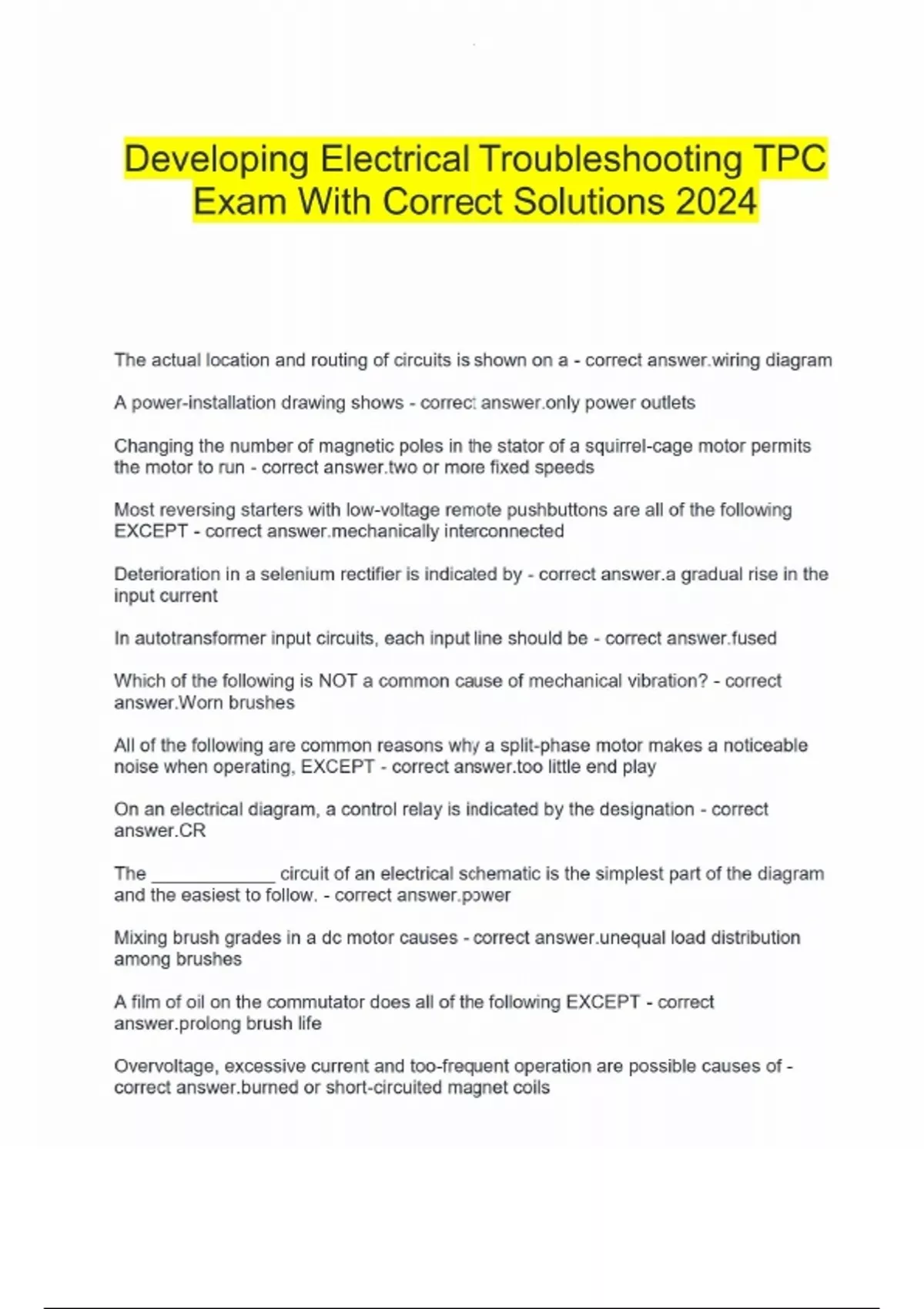 Developing Electrical Troubleshooting TPC Exam With Correct Solutions ...
