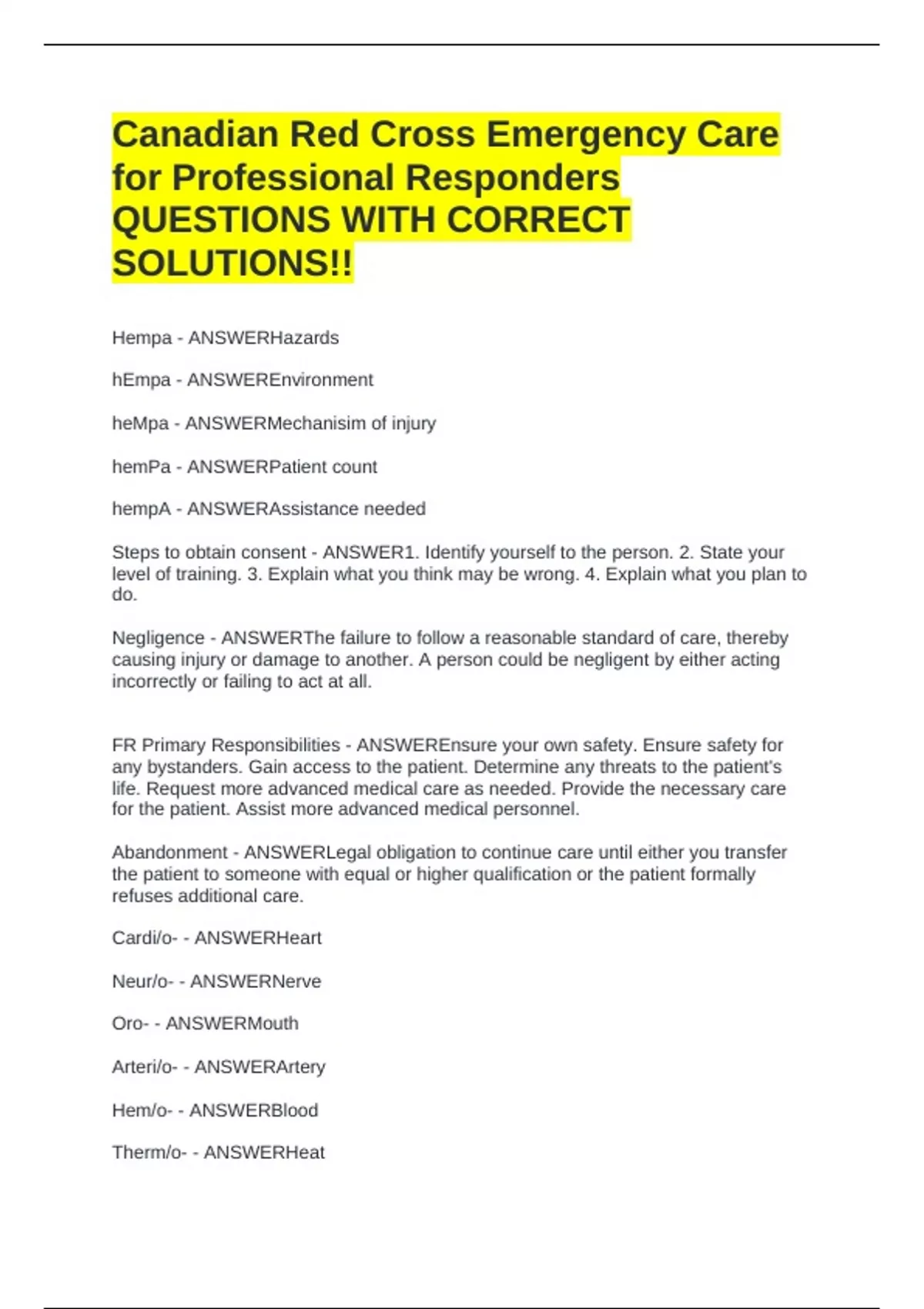 Canadian Red Cross Emergency Care for Professional Responders QUESTIONS ...