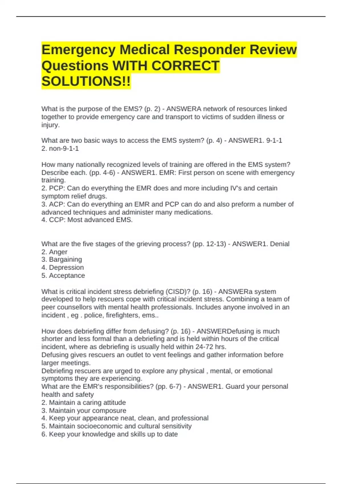 Emergency Medical Responder Review Questions WITH CORRECT SOLUTIONS ...