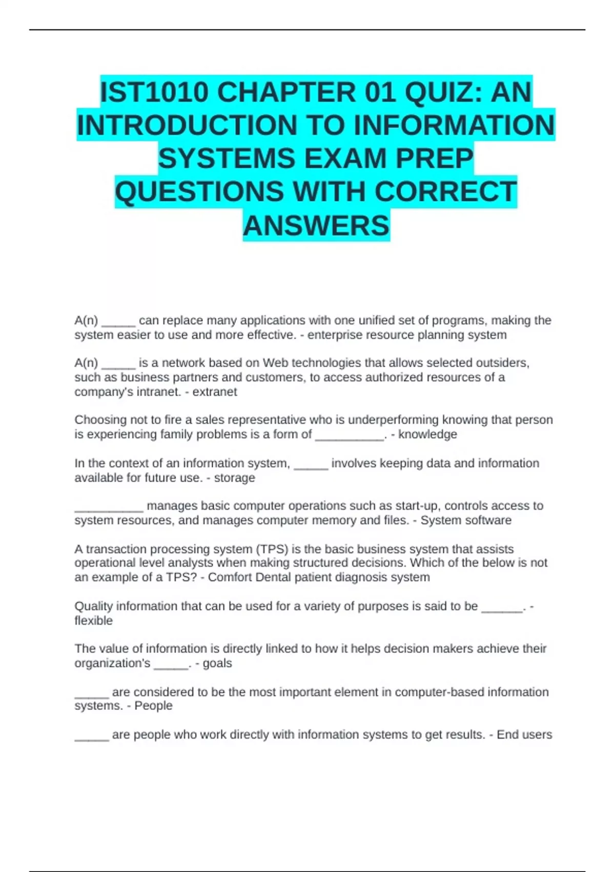 IST1010 CHAPTER 01 QUIZ INTRODUCTION TO INFORMATION SYSTEMS EXAM ...