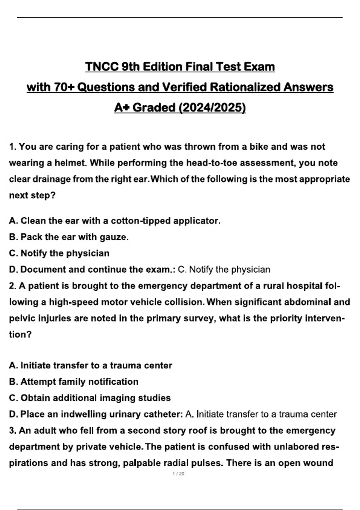 TNCC 9th Edition Final Test Exam with 70+ Questions and Verified ...