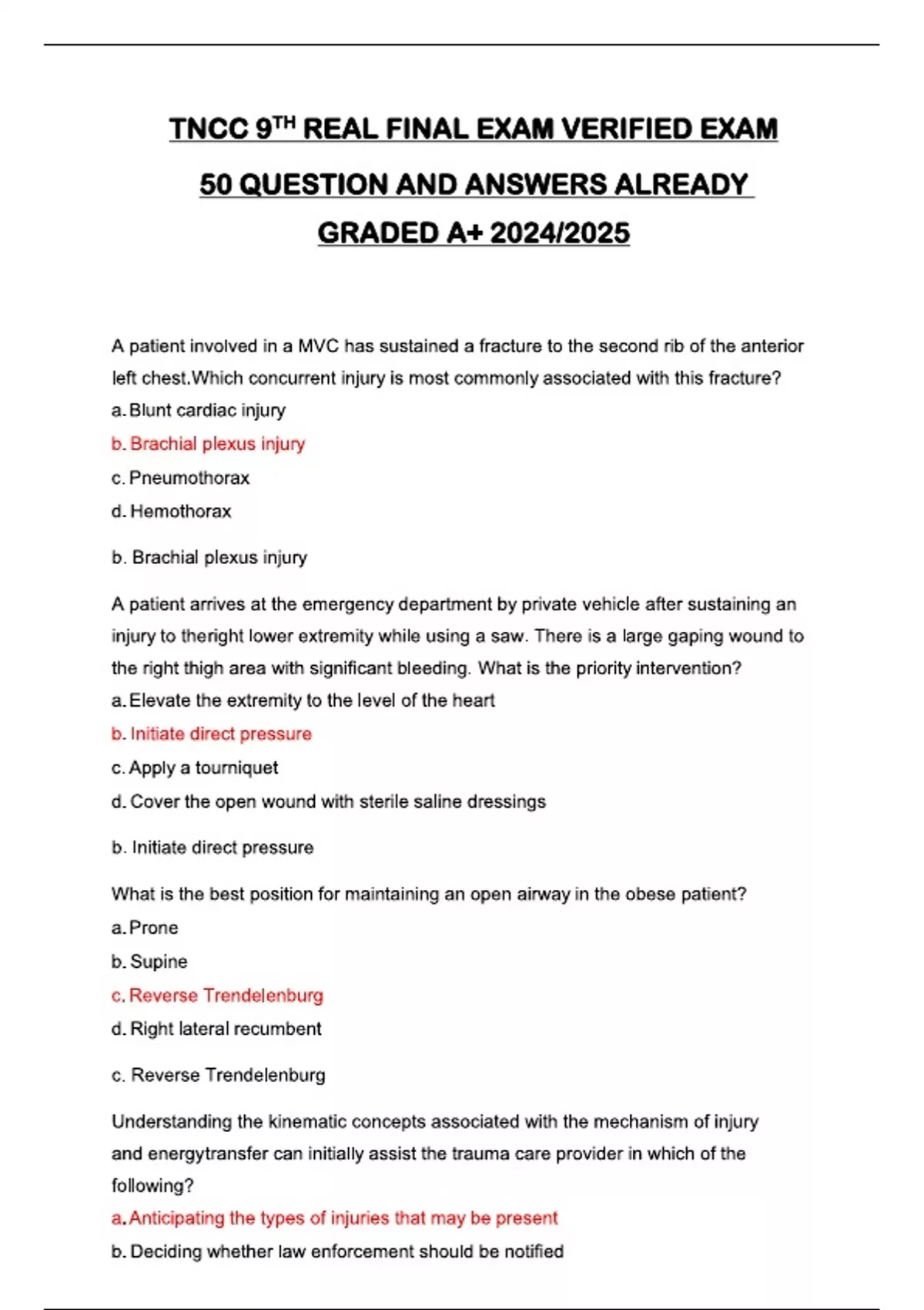 TNCC 9TH REAL FINAL EXAM VERIFIED EXAM 50 QUESTION AND ANSWERS ALREADY ...
