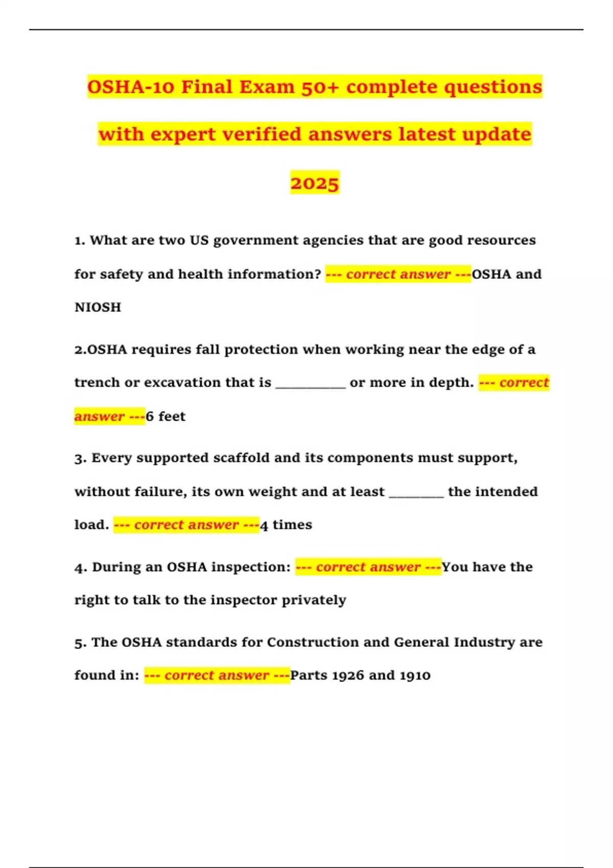 OSHA-10 Final Exam 50+ complete questions with expert verified answers ...