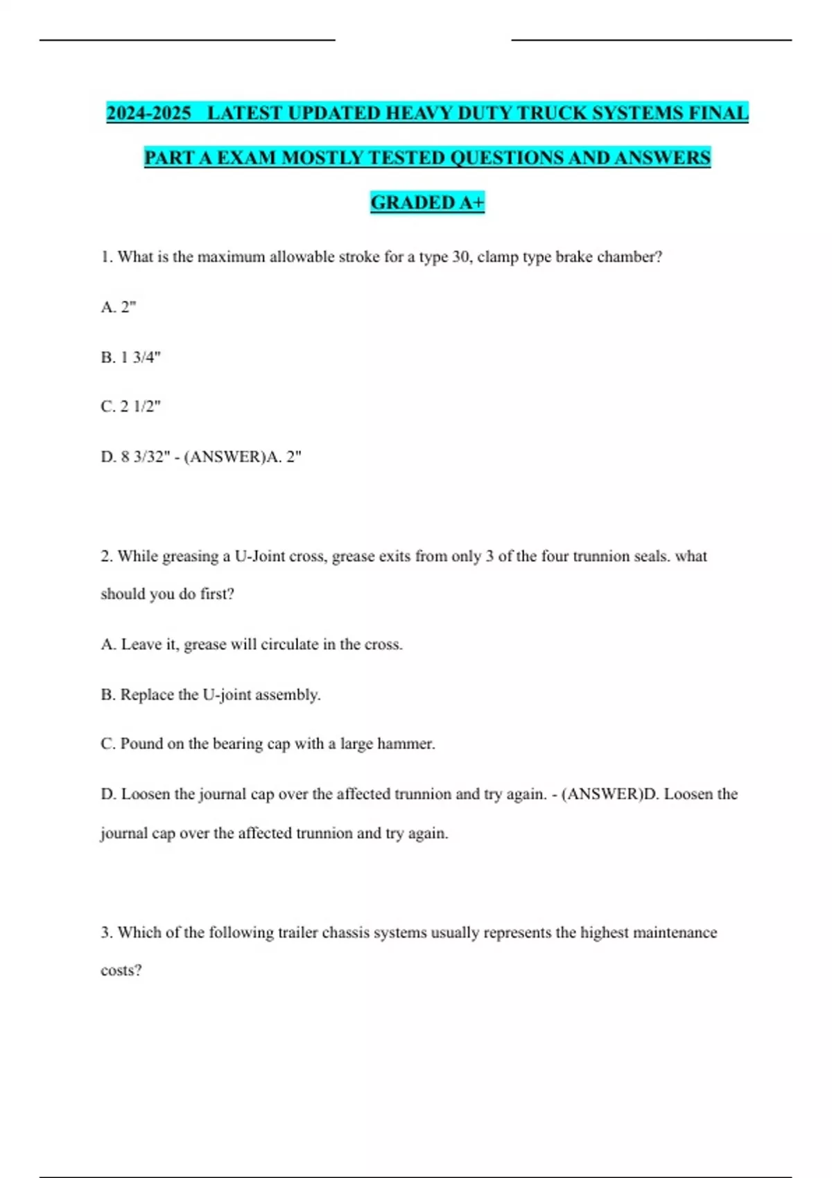 LATEST UPDATED HEAVY DUTY TRUCK SYSTEMS FINAL PART A EXAM MOSTLY TESTED ...