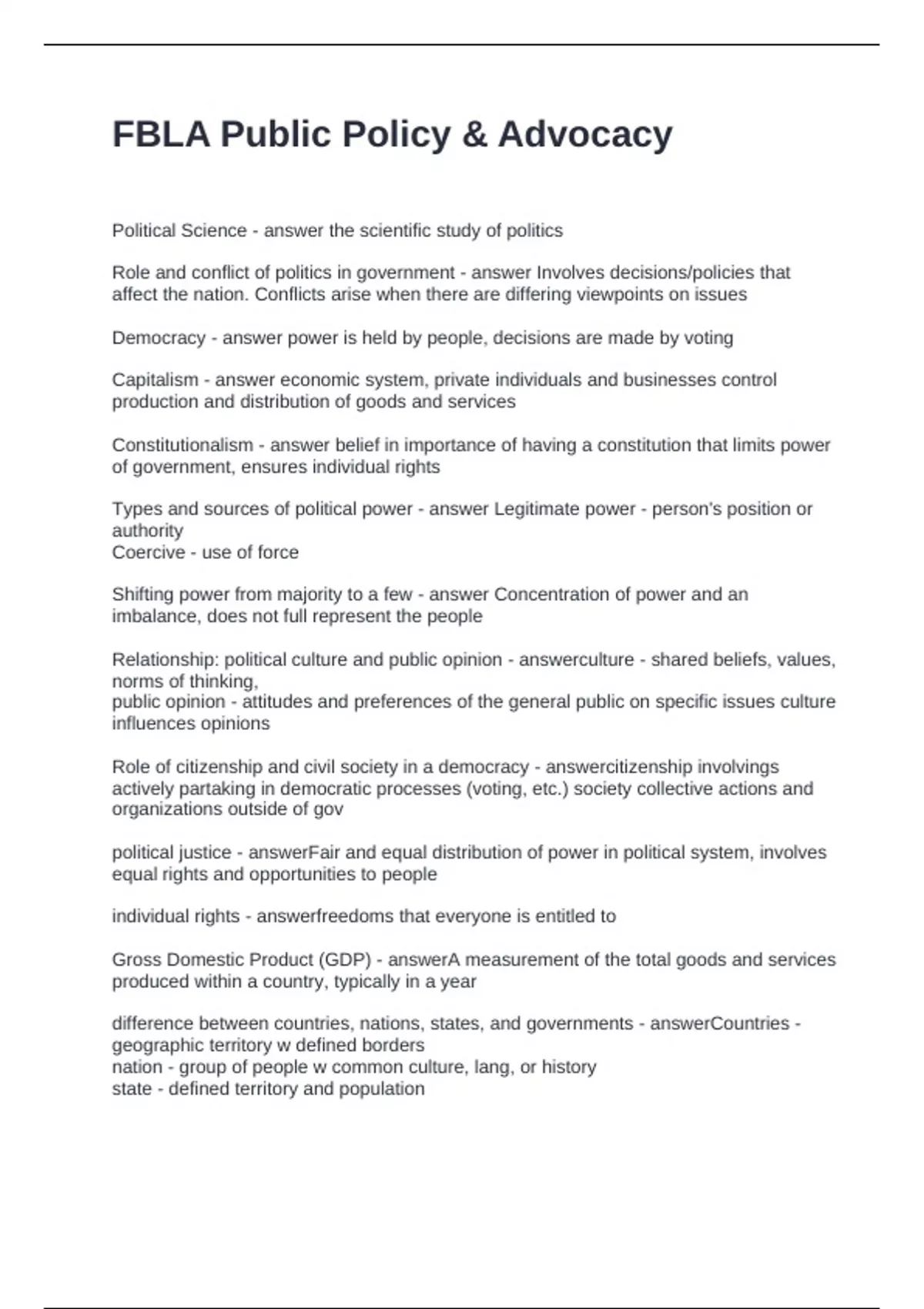 FBLA Public Policy & Advocacy Questions and Answers Rated A+ - FBLA ...