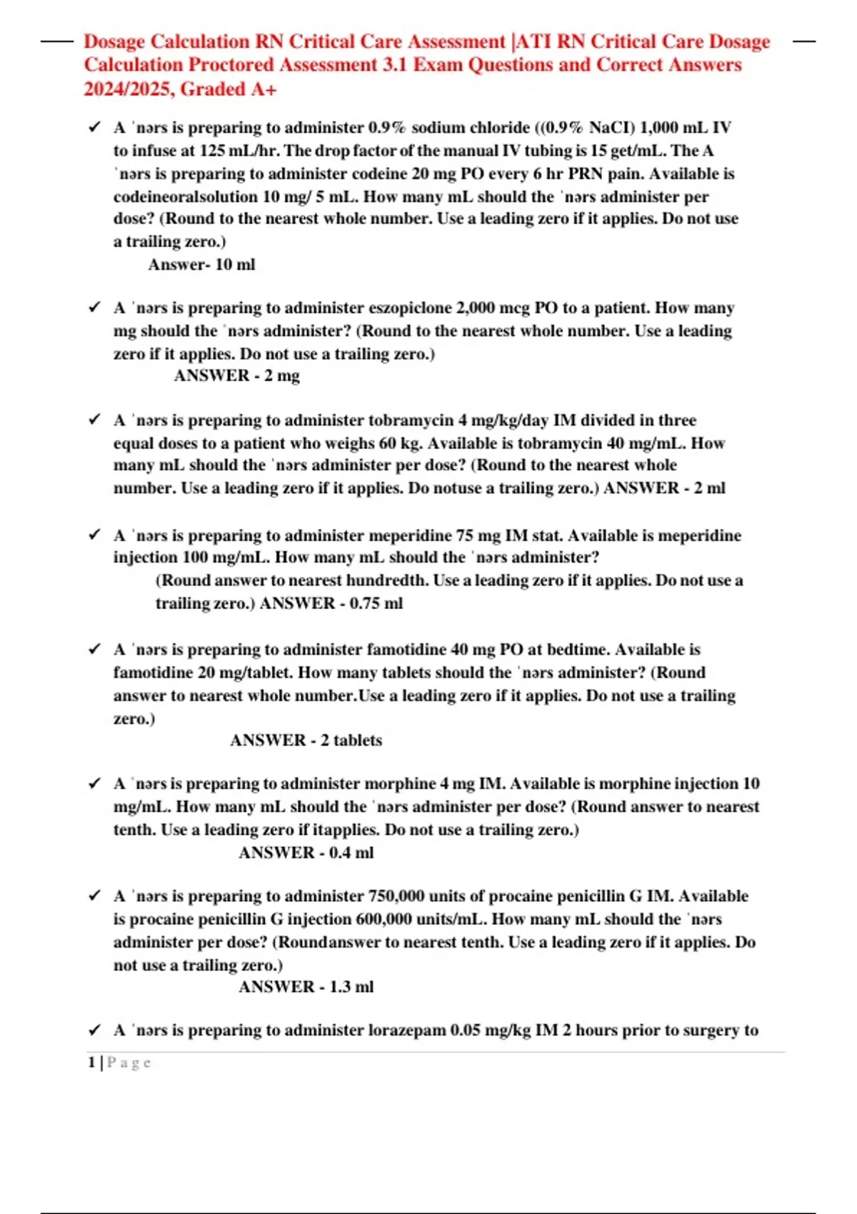 Dosage Calculation RN Critical Care Assessment |ATI RN Critical Care ...