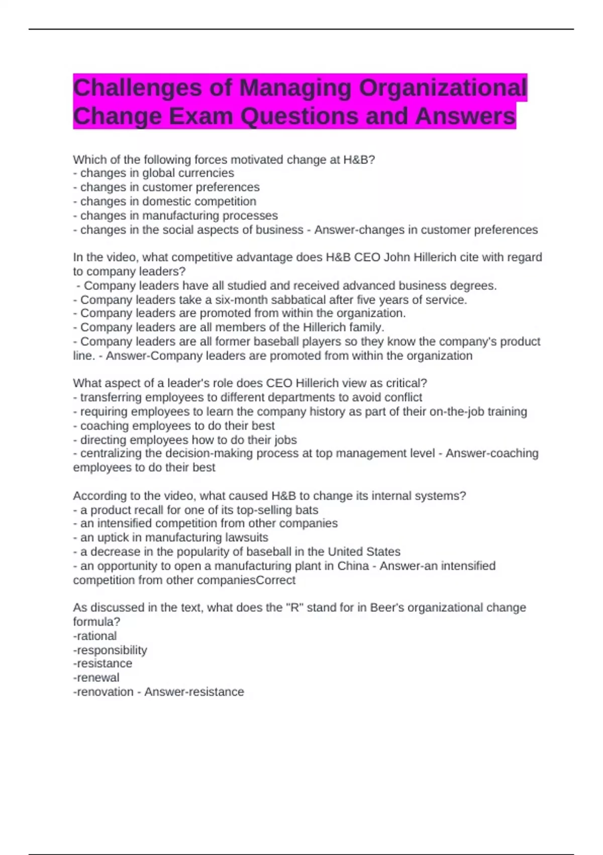 Challenges of Managing Organizational Change Exam Questions and Answers ...