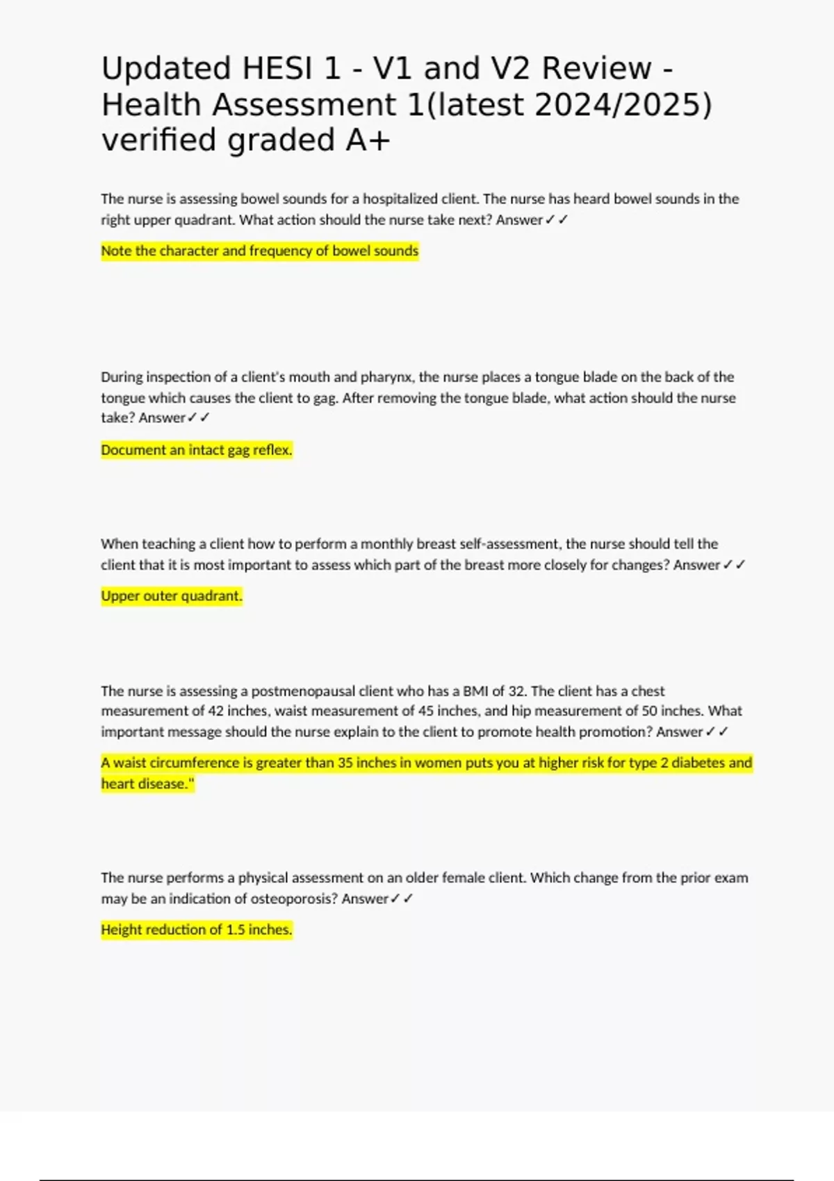 Updated HESI 1 - V1 and V2 Review - Health Assessment 1(latest 2024/ ...