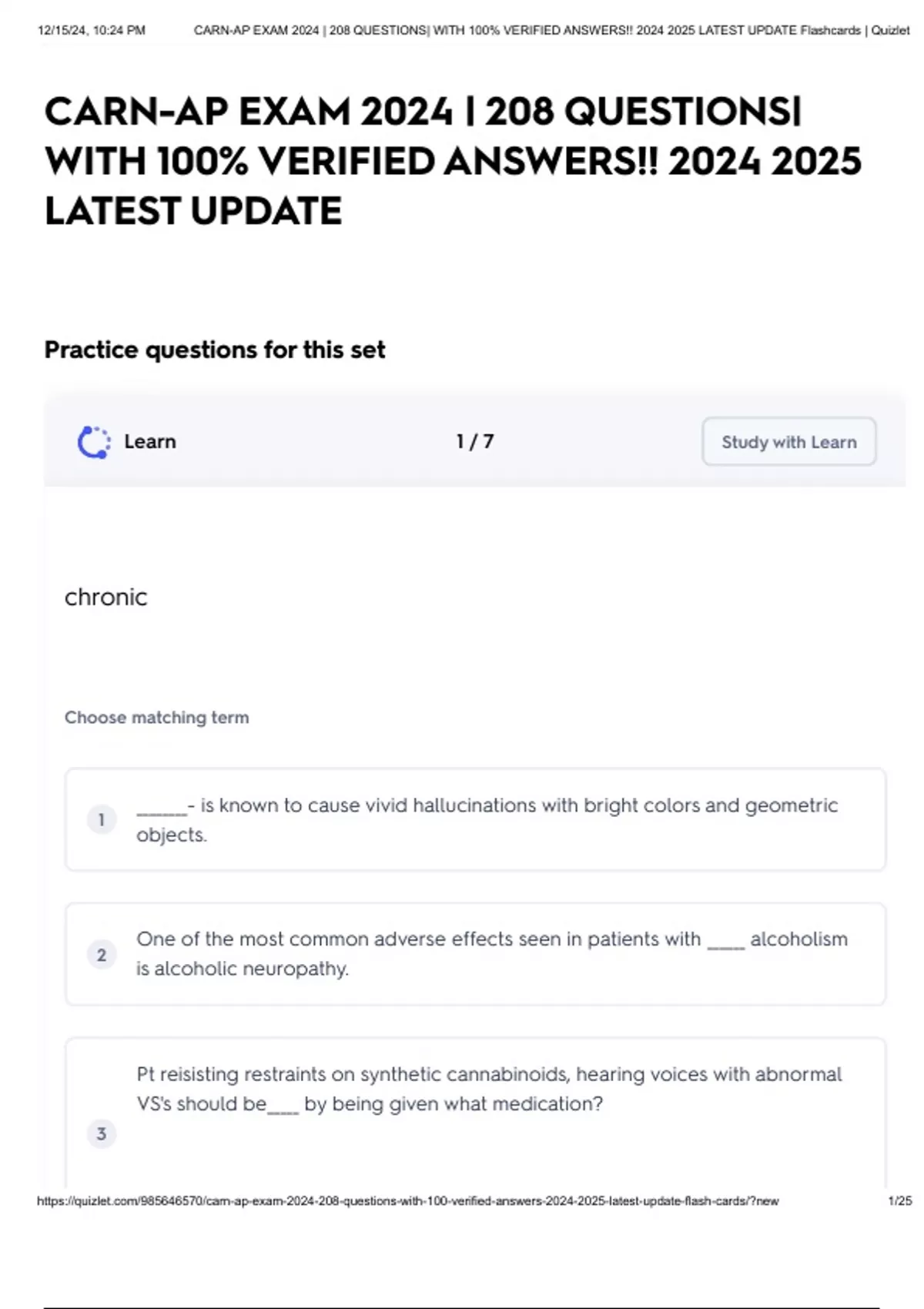 CARN-AP EXAM 2024 | 208 QUESTIONS| WITH 100% VERIFIED ANSWERS!! LATEST ...